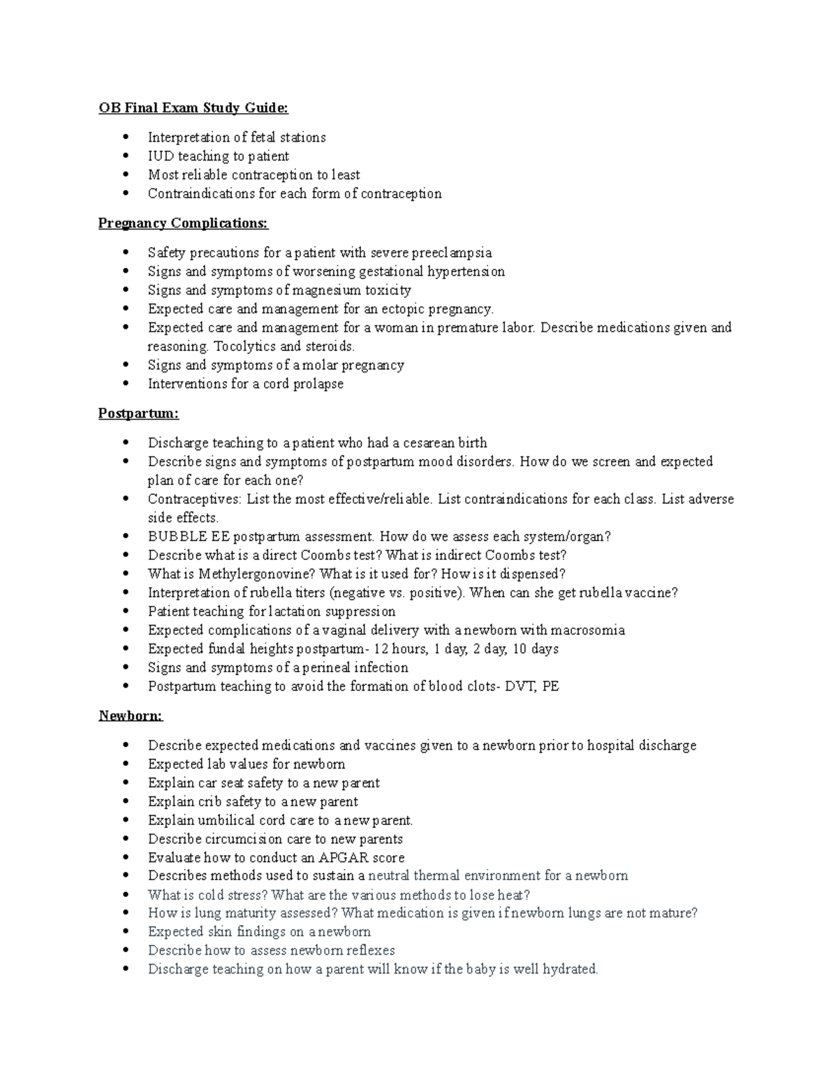 OB Final Study Guide Spring 2023 - OB Final Exam Study Guide ...