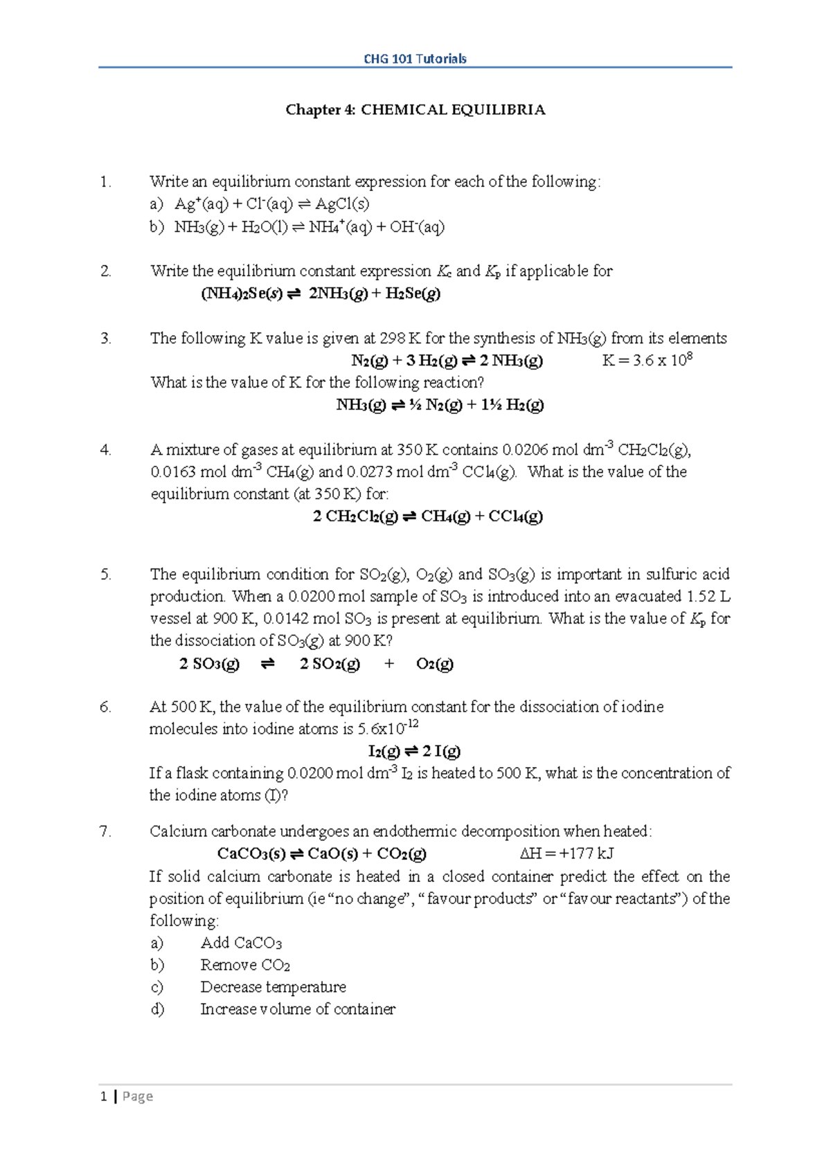 CHGV 101 Tutorial 4 Questions Chemical Equilibria - CHG 101 Tutorials 1 ...