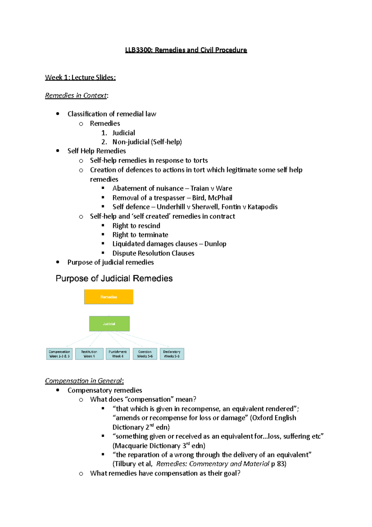 Week 1 Summary Notes - LLB3300: Remedies and Civil Procedure Week 1 ...