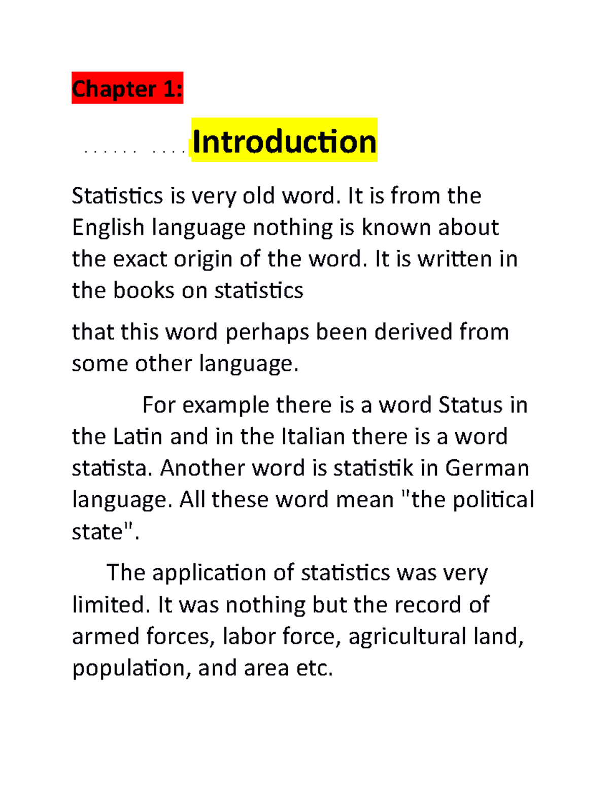 Introduction - Theory - Chapter 1: .......... Introduction Statistics ...