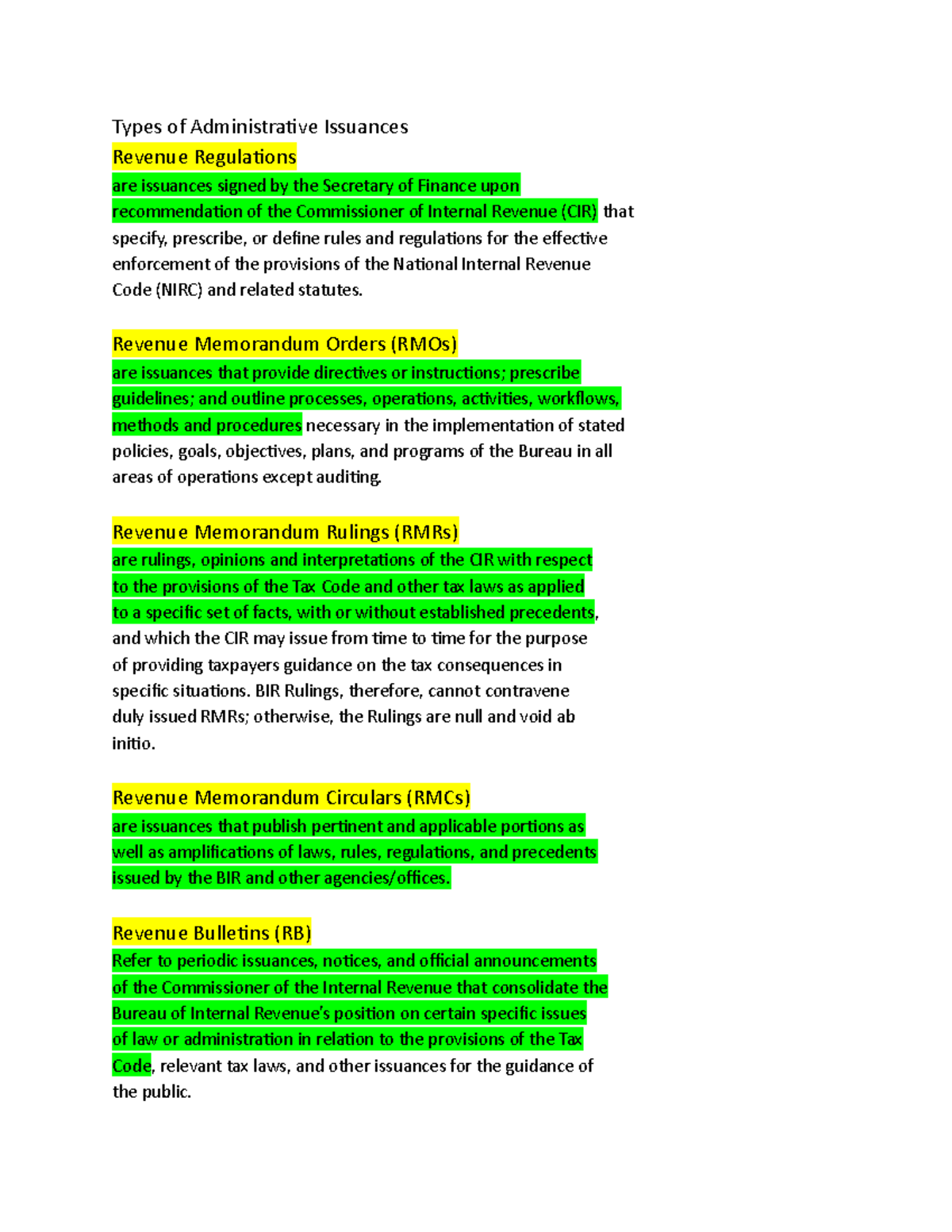 income taxation - Types of Administrative Issuances Revenue Regulations ...