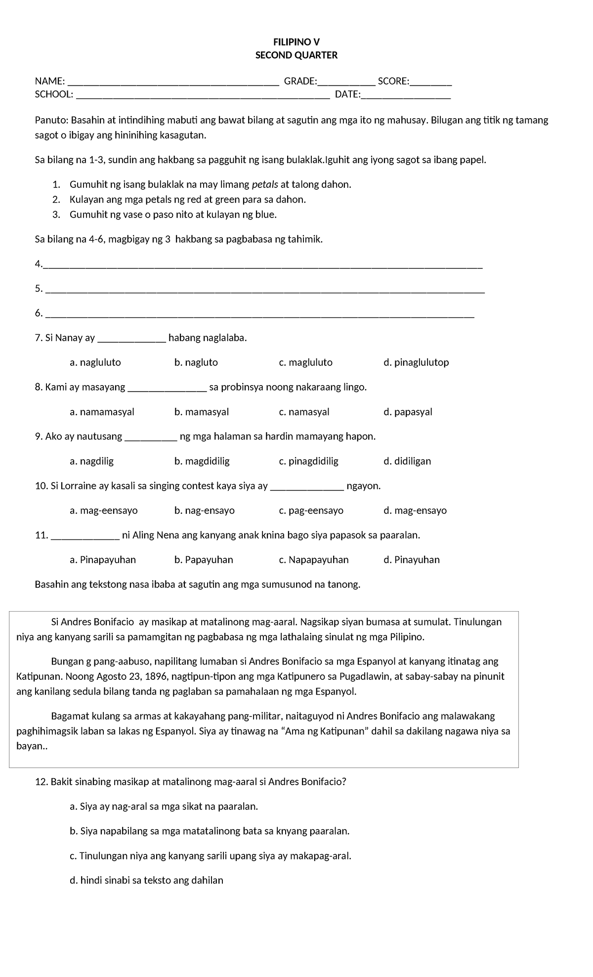 PT Filipino 5 Q2 - Practice Test - FILIPINO V SECOND QUARTER NAME ...