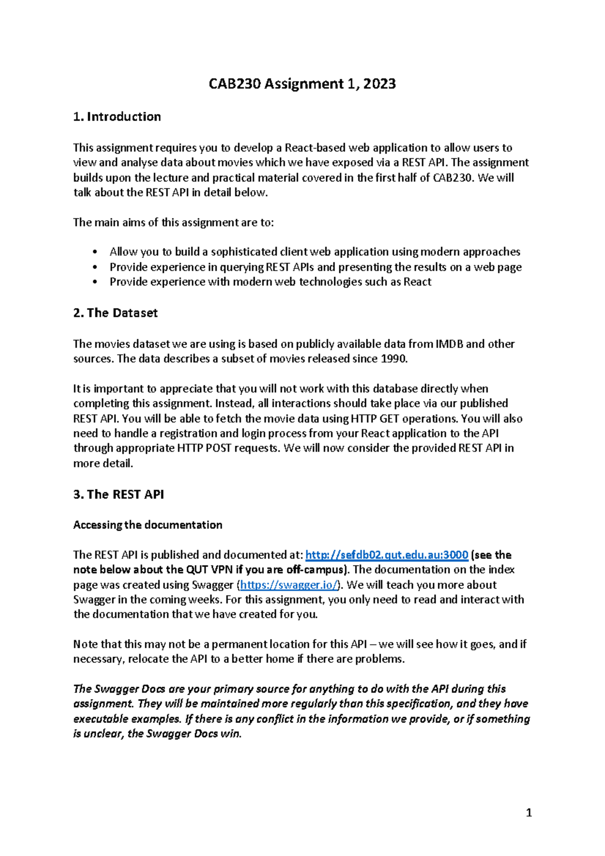 CAB230 Assignment 2 - Specification-3 - CAB230 Assignment 1, 2023 1. Introduction This ...