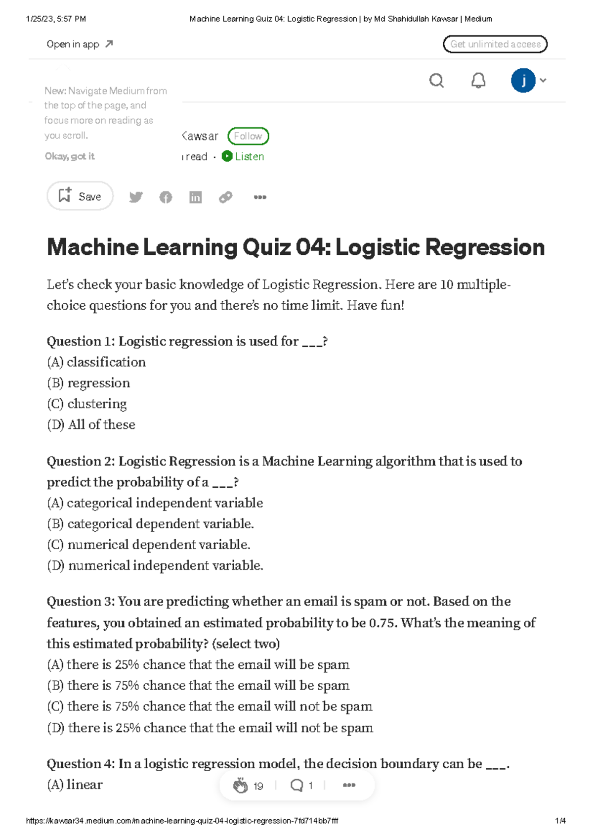 Machine Learning Quiz 04 Logistic Regression by Md Shahidullah Kawsar Medium - Md Shahidullah ...