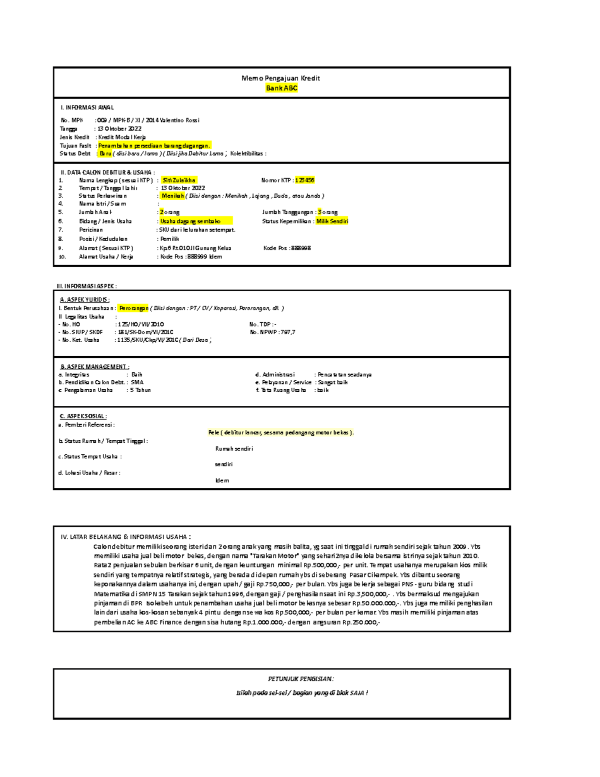 8 0 0 KK Analisa Kredit 6C PTS VB - Memo Pengajuan Kredit Bank ABC ...