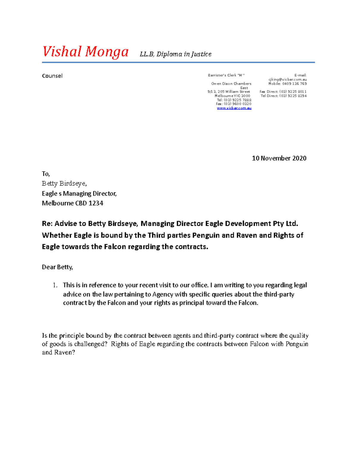 Memorendum - Advice for contract - Vishal Monga LL, Diploma in Justice ...