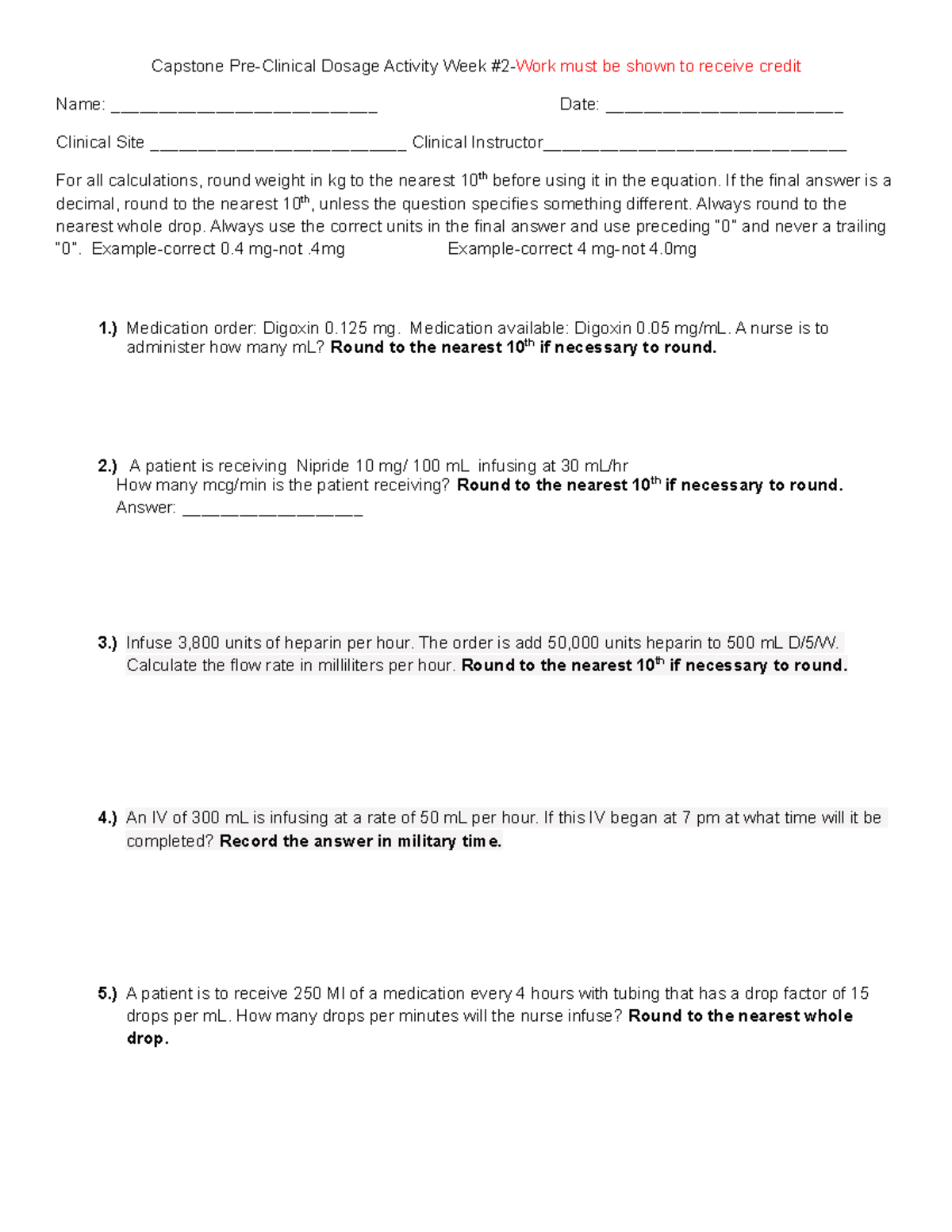 Capstone Clinical Math Worksheet for clinical days - Capstone Pre ...