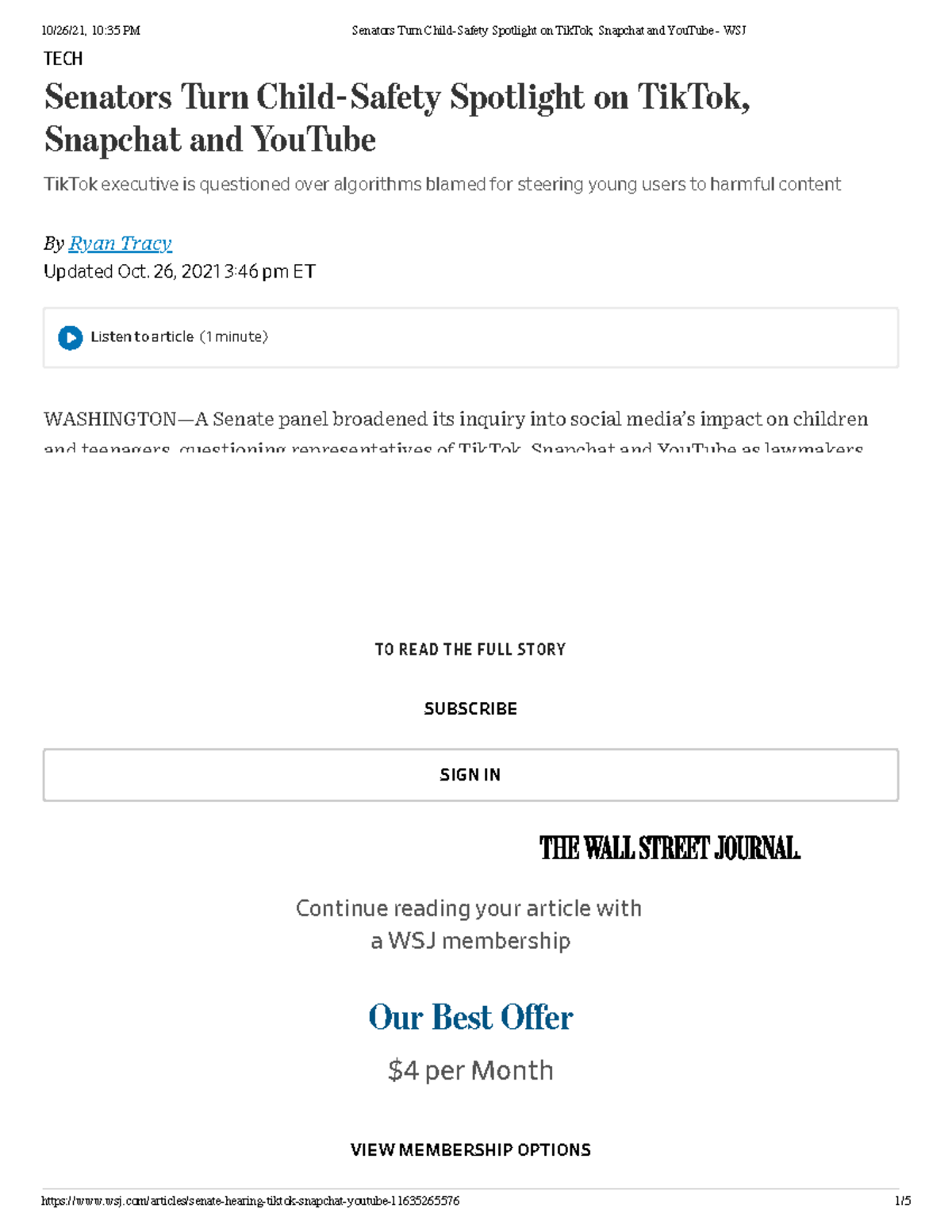 Senators Turn Child-Safety Spotlight on Tik Tok, Snapchat and You Tube ...