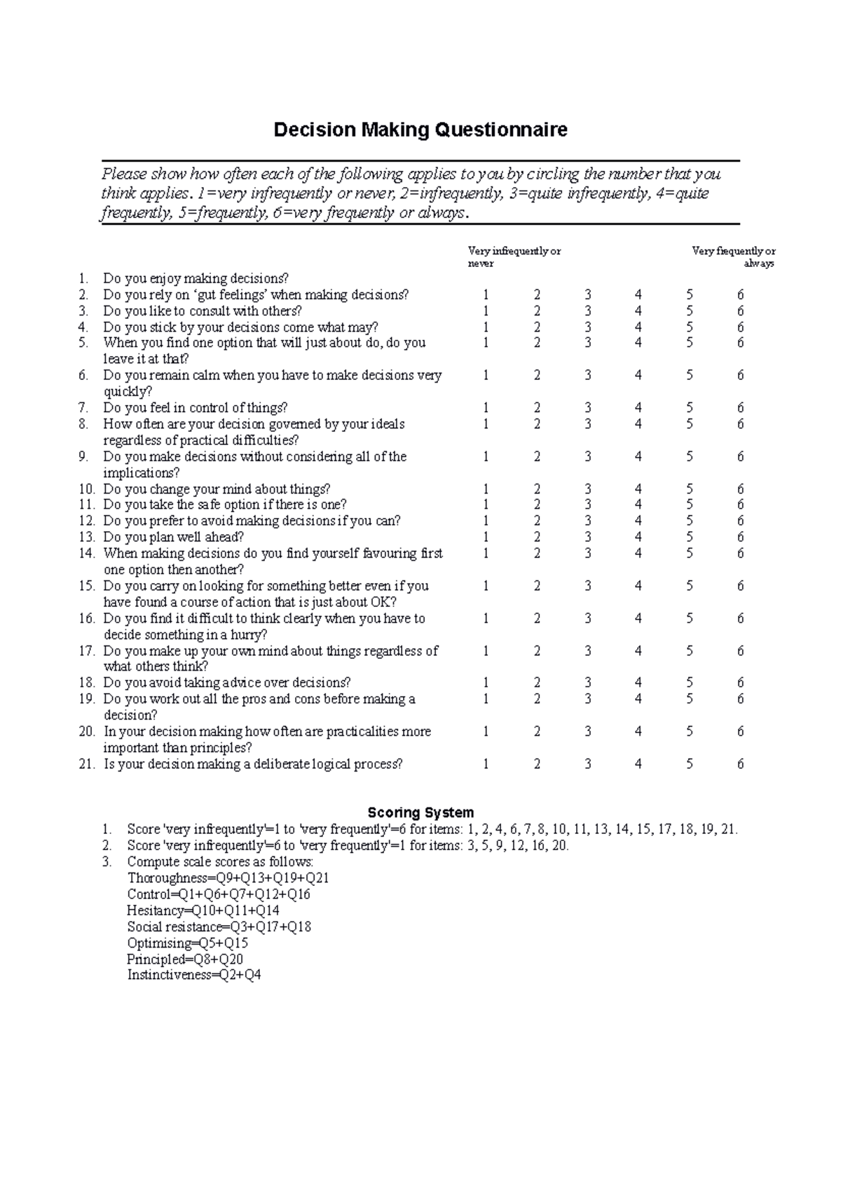 Decision Making Questionnaire - Decision Making Questionnaire Please ...
