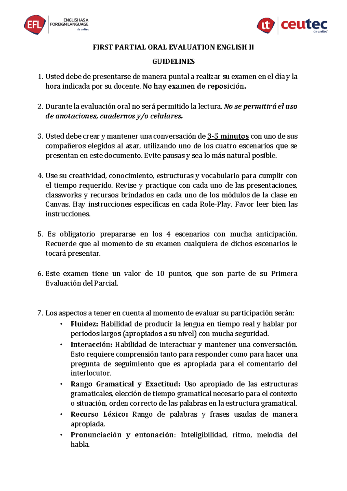 English II - First Partial ORAL Evaluation ROLE-PLAY Q4 2024 - FIRST PARTIAL ORAL EVALUATION ...