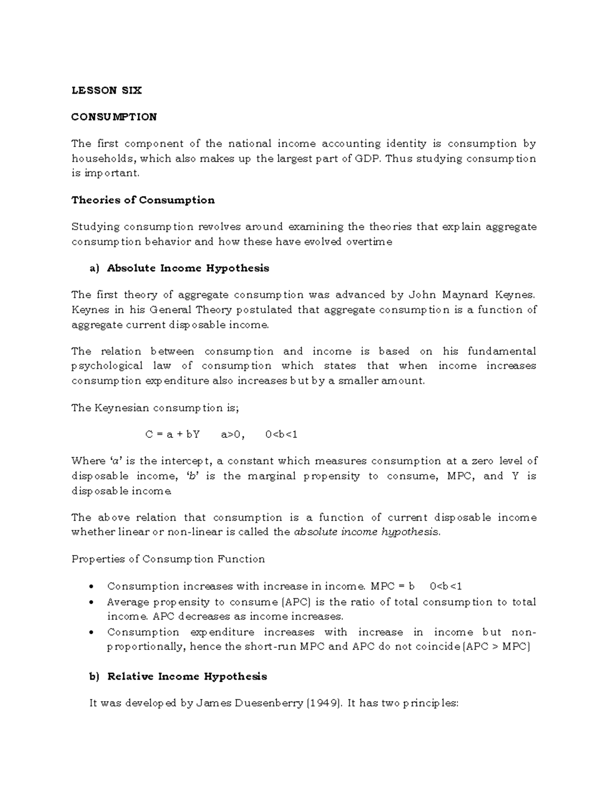 Lesson SIX - Consumption - LESSON SIX CONSUMPTION The first component ...