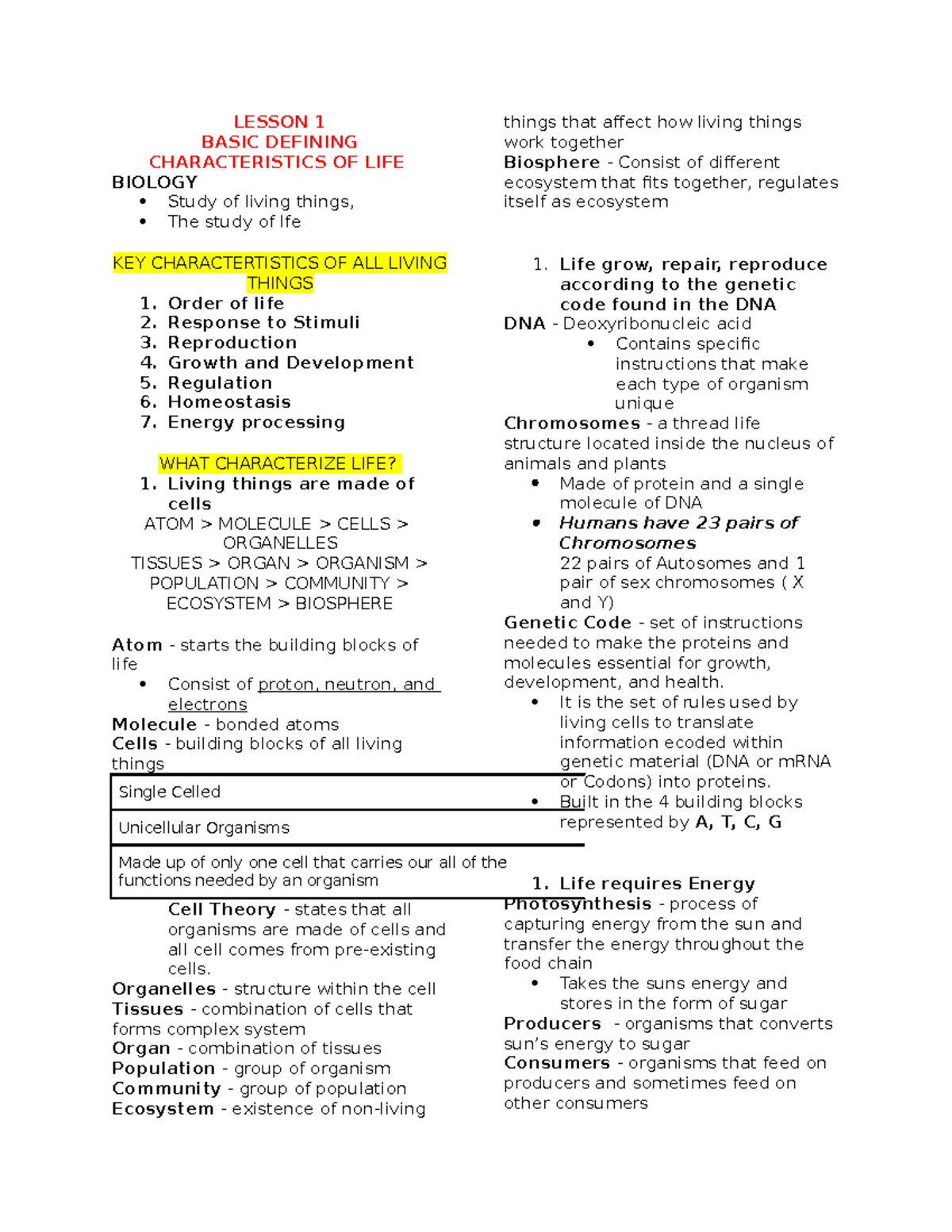 INTRODUCTION TO BIOLOGY AND MICROSCOPE - LESSON 1 BASIC DEFINING ...