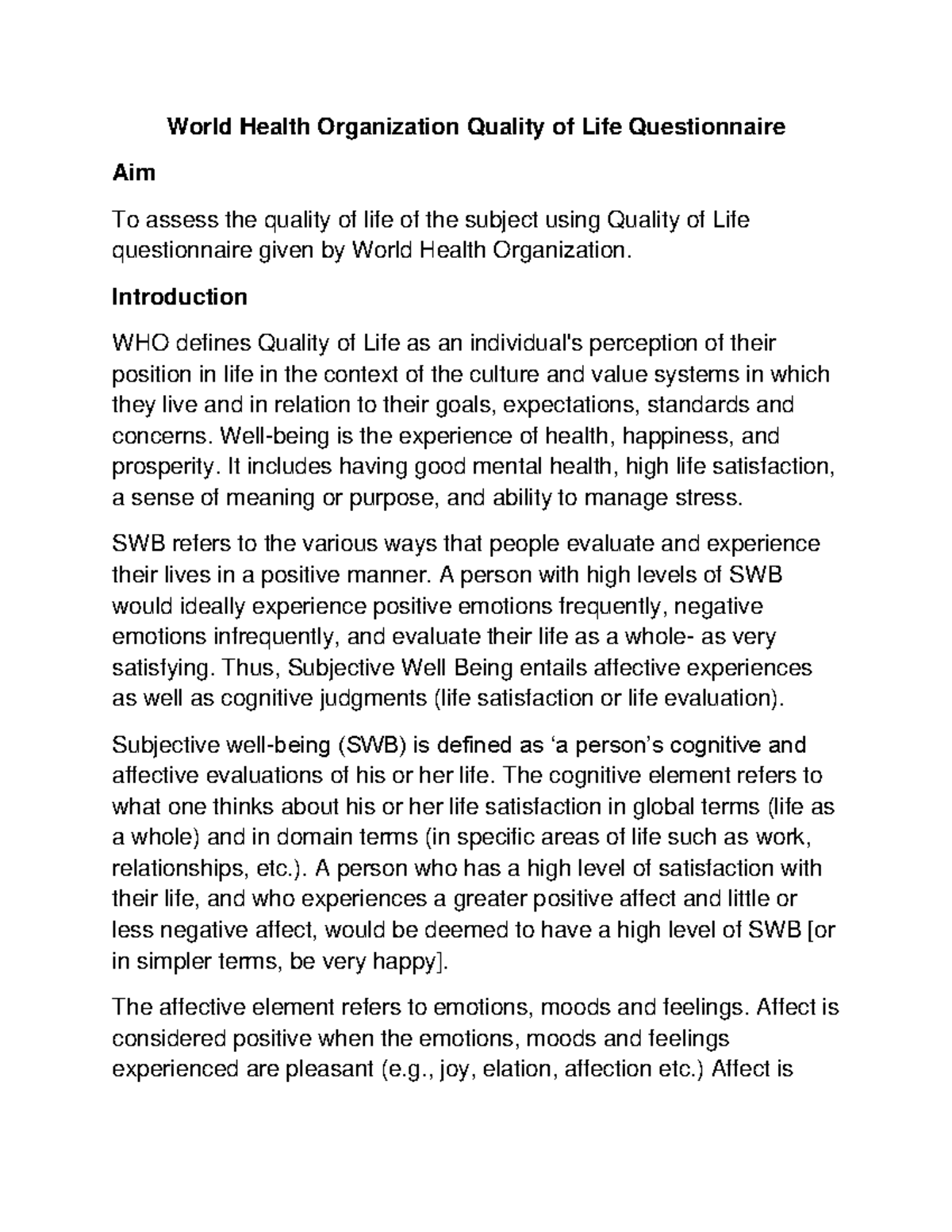 Test 4 sem-5 - WHOQOL-BREF practical - World Health Organization ...