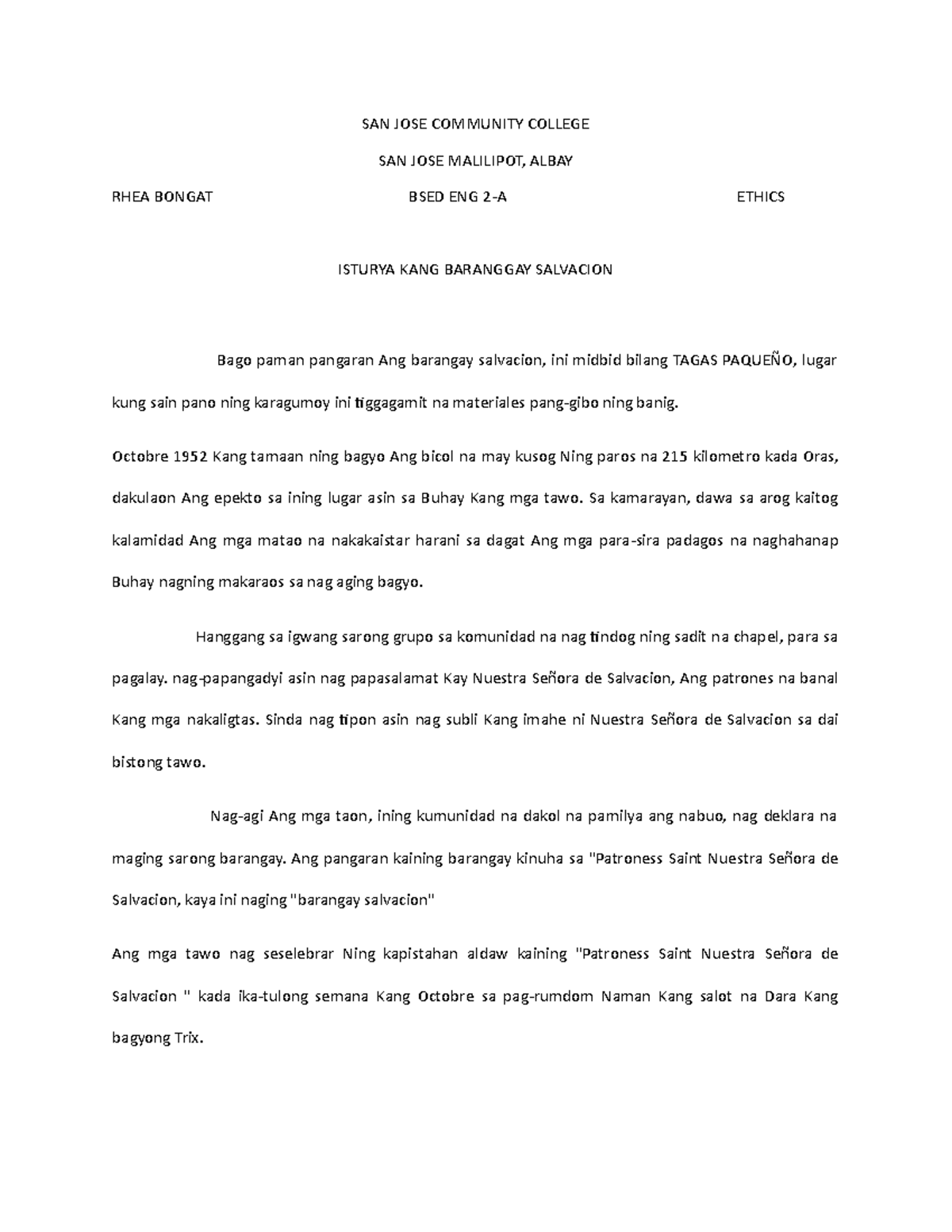Brgy - Essay about my town - SAN JOSE COMMUNITY COLLEGE SAN JOSE ...