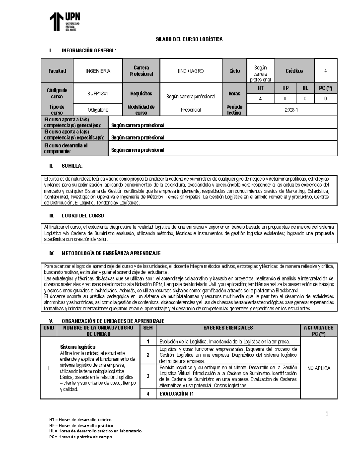 Silabo - LOGÍSTICA - 1 HT = Horas de desarrollo teórico HP = Horas de desarrollo práctico HL ...
