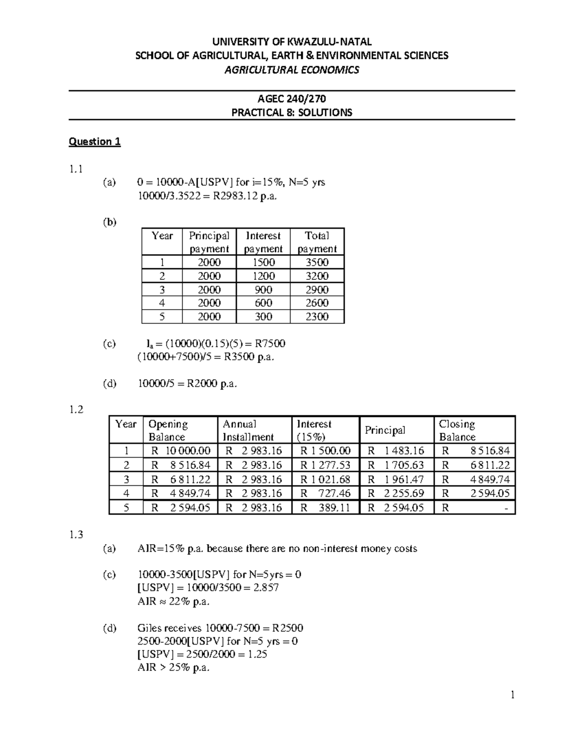 Prac 8 Solutions 1 University Of Kwazulu Natal School Of Agricultural Earth And Environmental