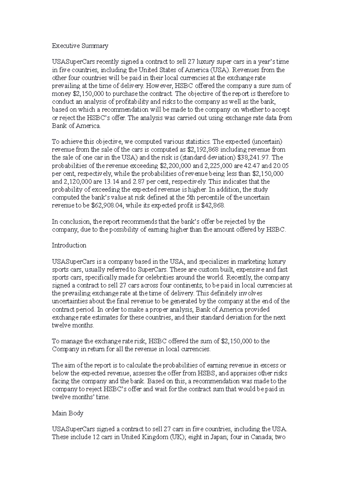 Executive Summary - Bài tập - Executive Summary USASuperCars recently ...