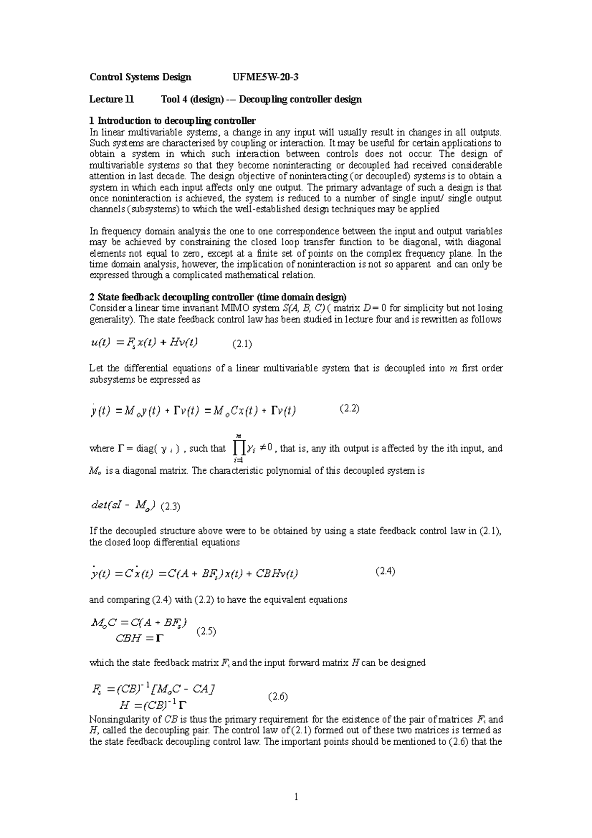 Lec 11 Decoupling Controller Design Control Systems Design Lecture 11 Tool 4 Design