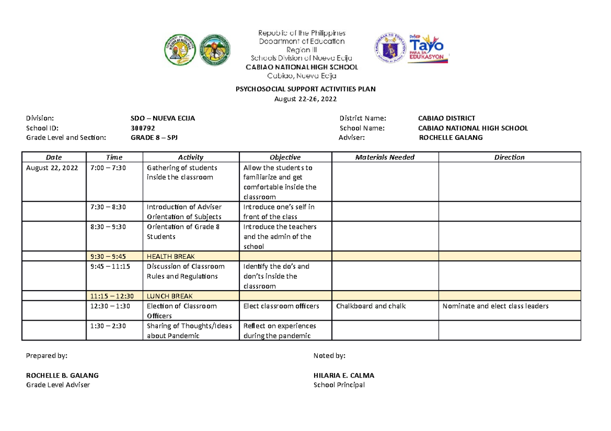 Psychosocial Support Activities PLAN - August 22-26, 2022 Division: SDO ...