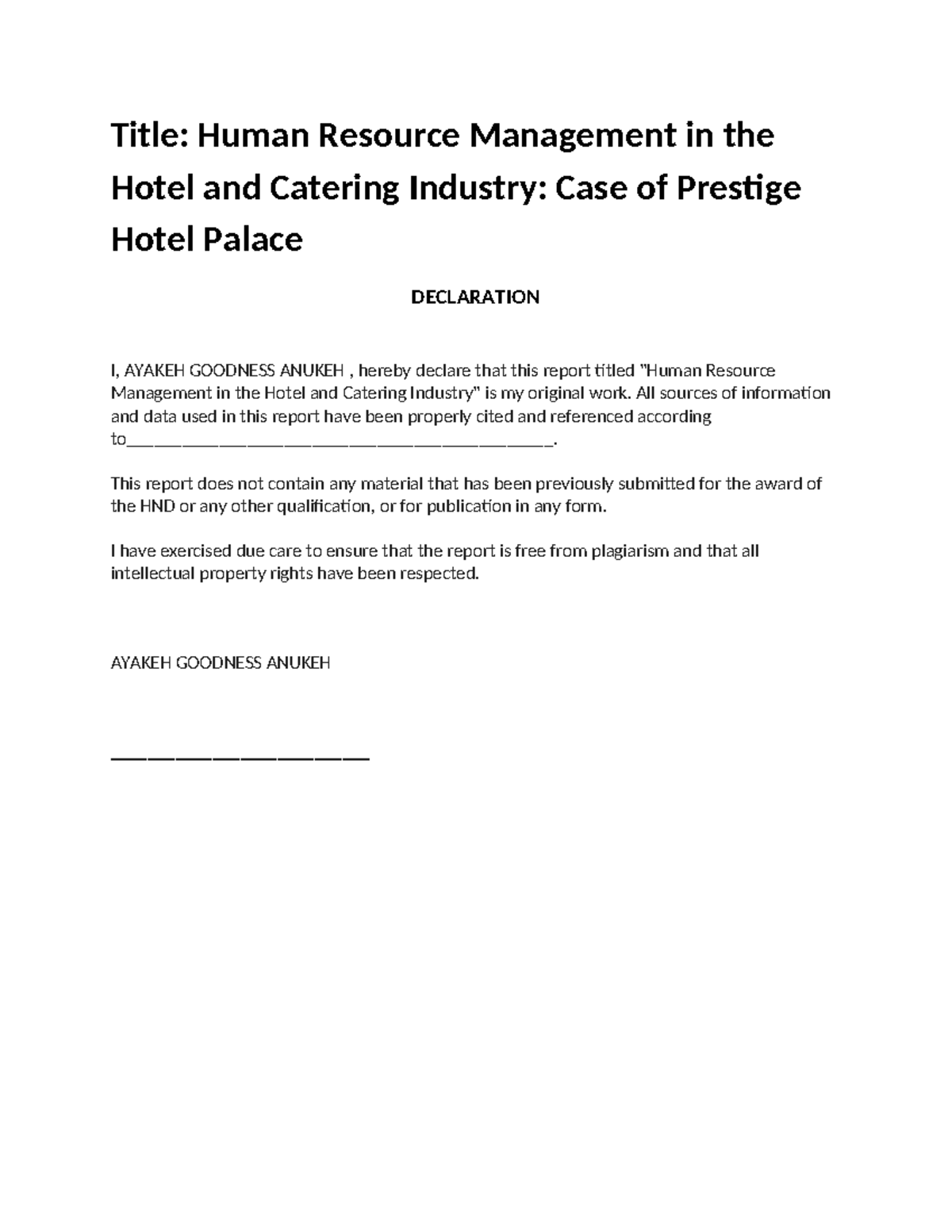 Human Resorce Management in a Hotel and Catering Industry - Title ...