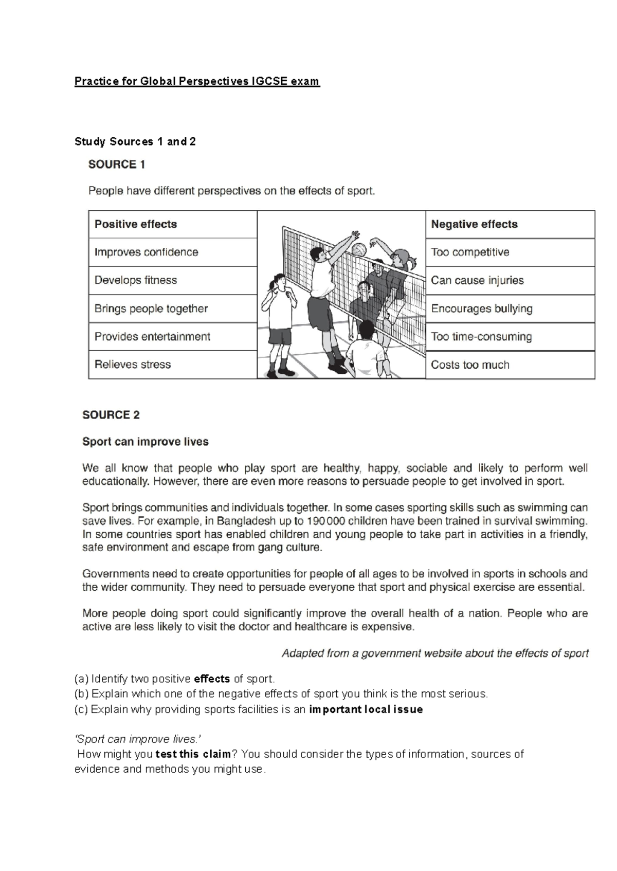 Global perspectives IGCSE practice questions for exams for period of ...