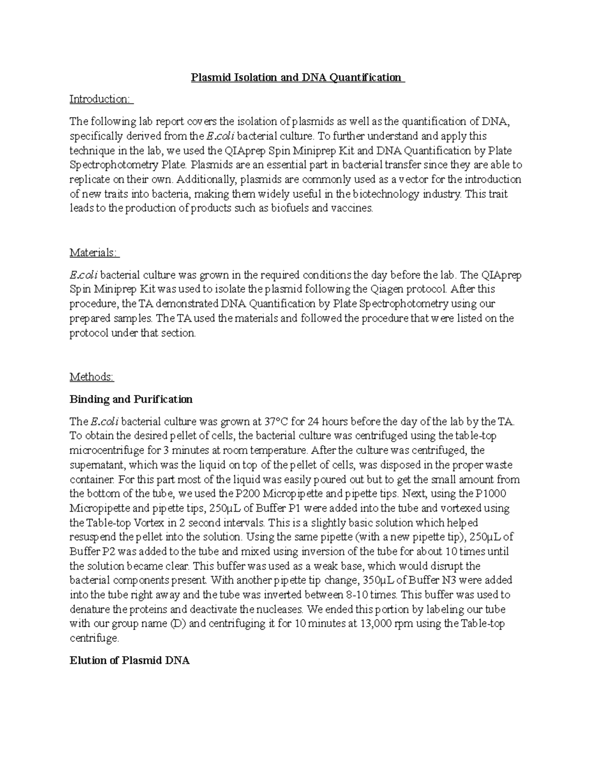 N Plasmid Isolation and DNA Quantitation Lab Report - Plasmid Isolation ...