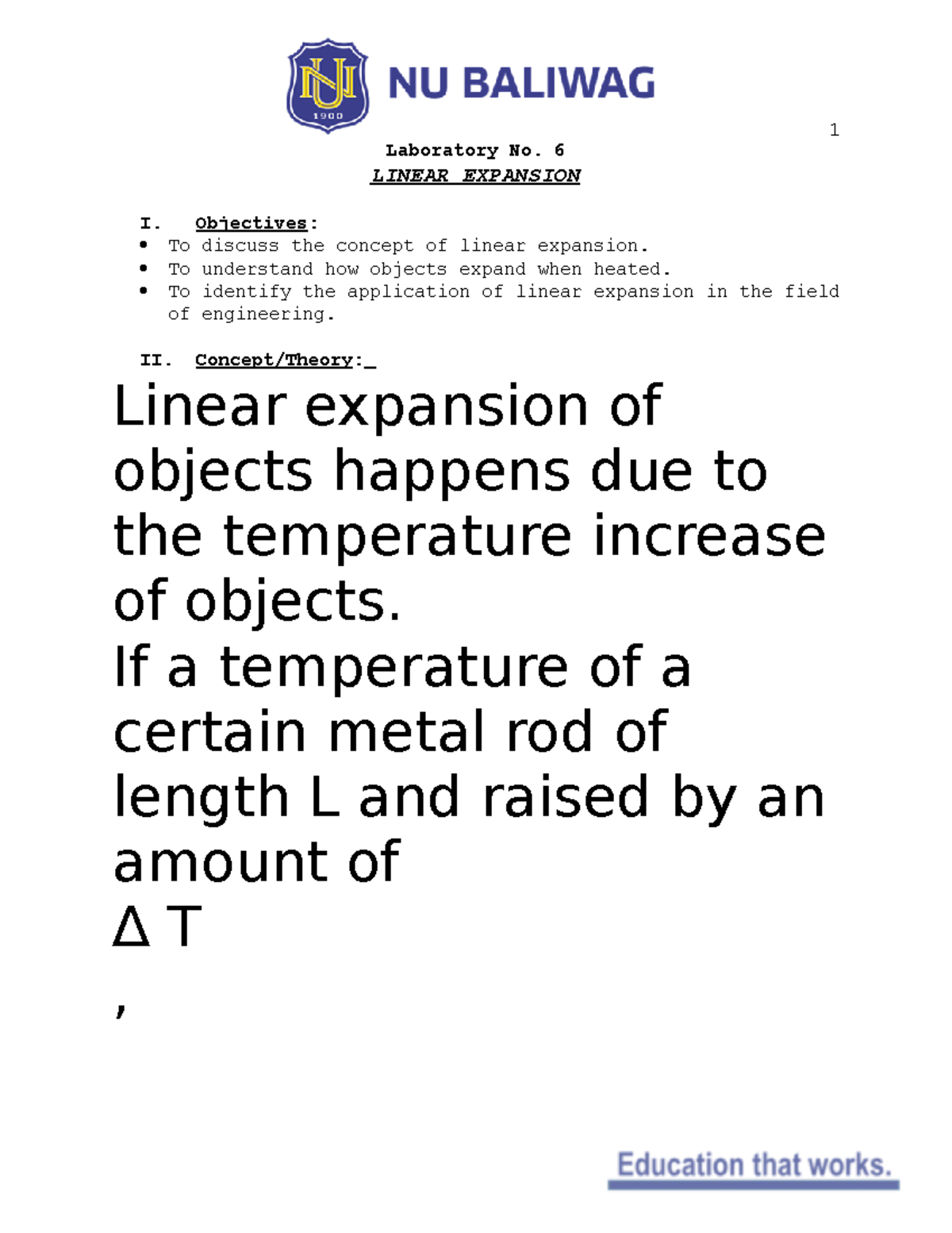 1.1 Laboratory No. 6. Linear Expansion - Laboratory No. 6 LINEAR ...