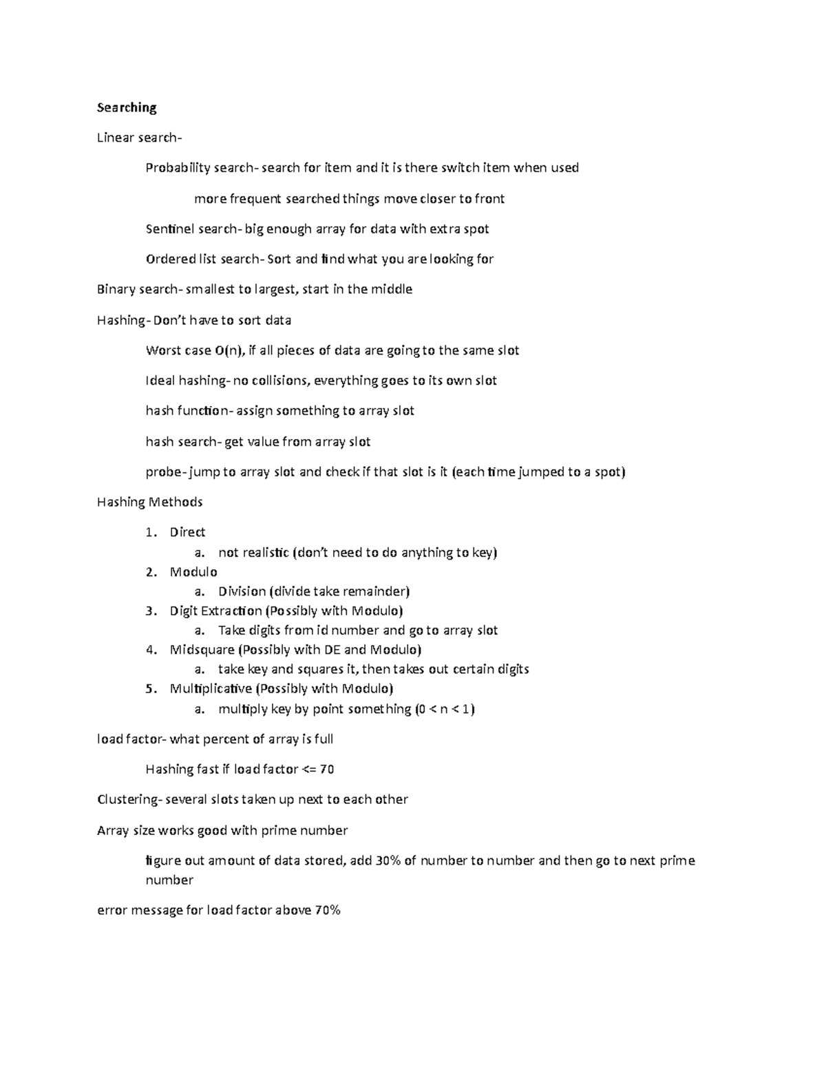 Notes Exam 3 - N/a - Searching Linear search- Probability search ...