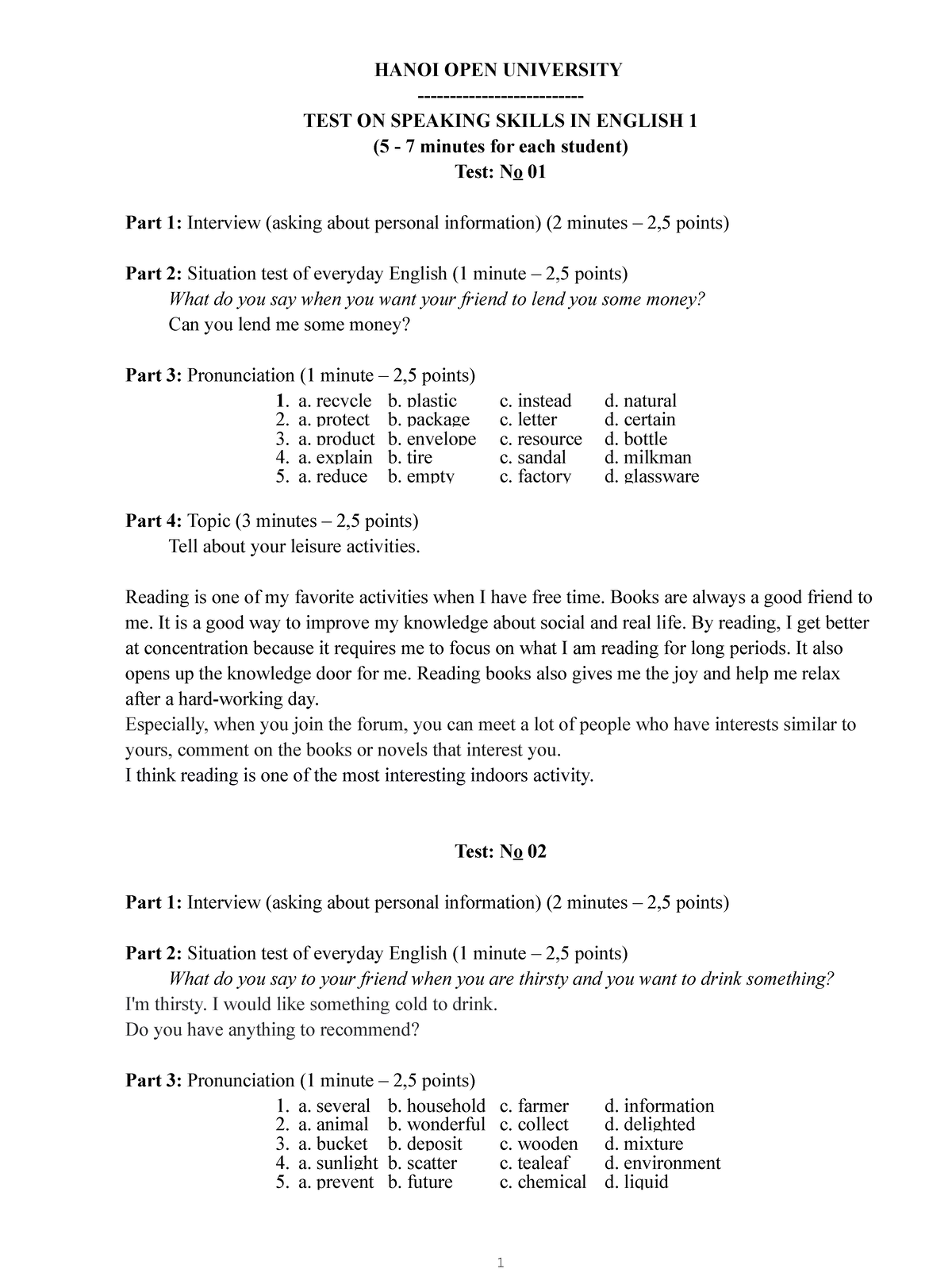 Speaking-Topics-A1 - TACB 1 topic - HANOI OPEN UNIVERSITY - TEST ON ...