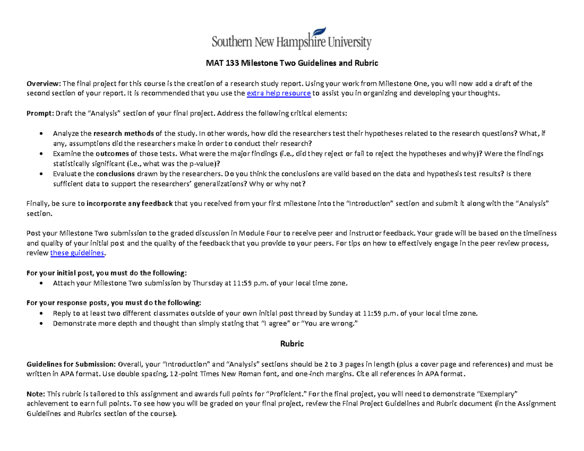 MAT 133 Milestone Two Guidelines and Rubric - Using your work from ...