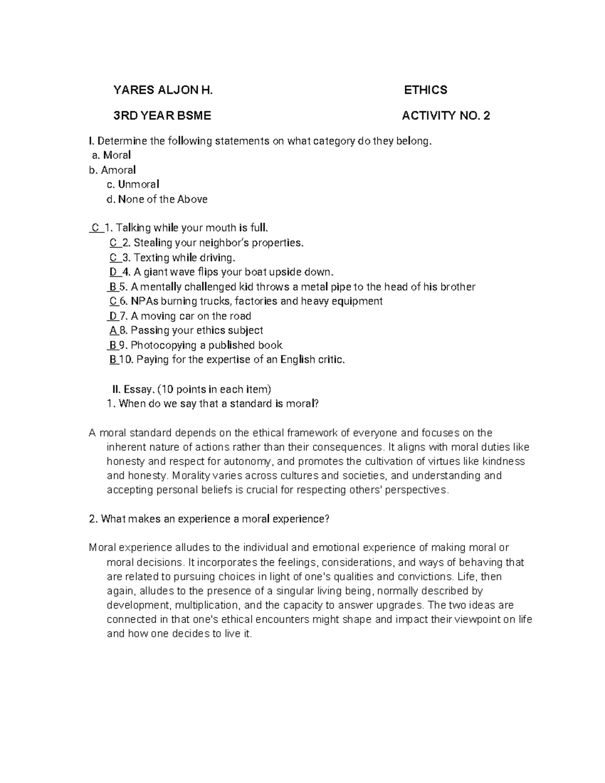 Ethics activity no. 2 - YARES ALJON H. ETHICS 3RD YEAR BSME ACTIVITY NO ...