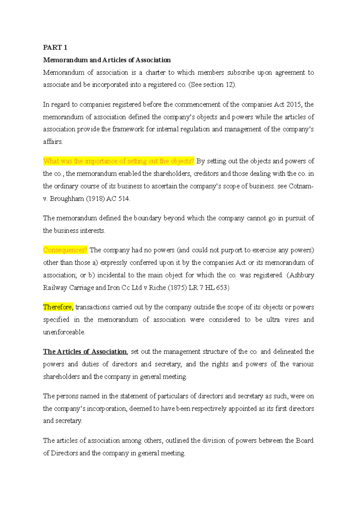 Memorandum and Articles of Association Part I II - PART 1 Memorandum ...