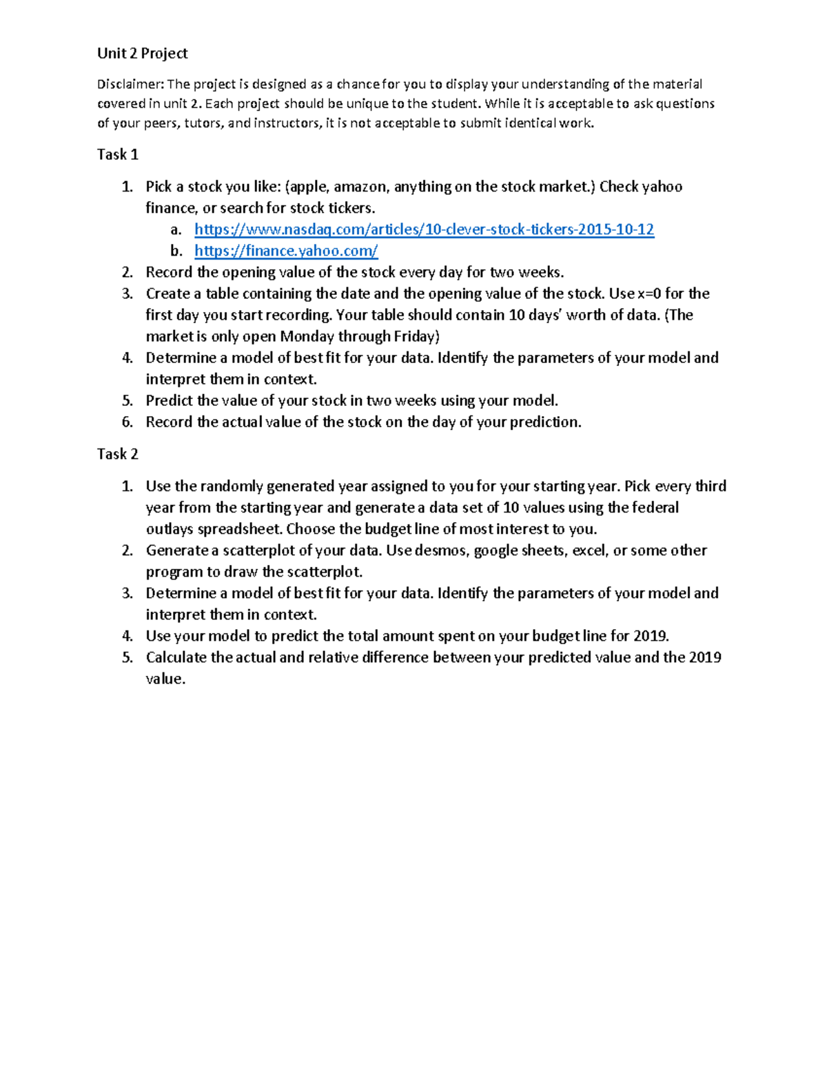 MAT130 Unit 2 Project FAL22 - Unit 2 Project Disclaimer: The project is ...