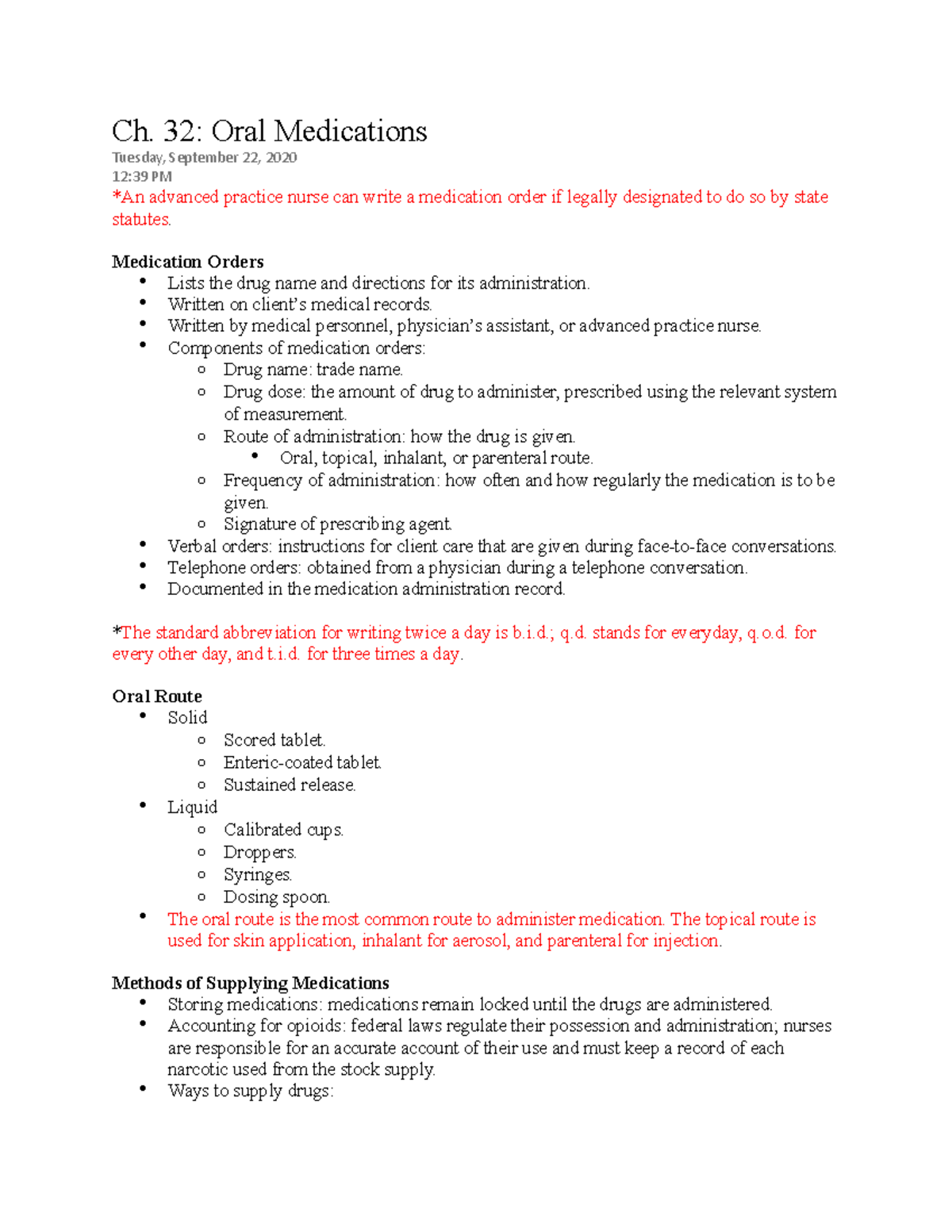 Oral Medications - Ch. 32: Oral Medications Tuesday, September 22, 2020 ...
