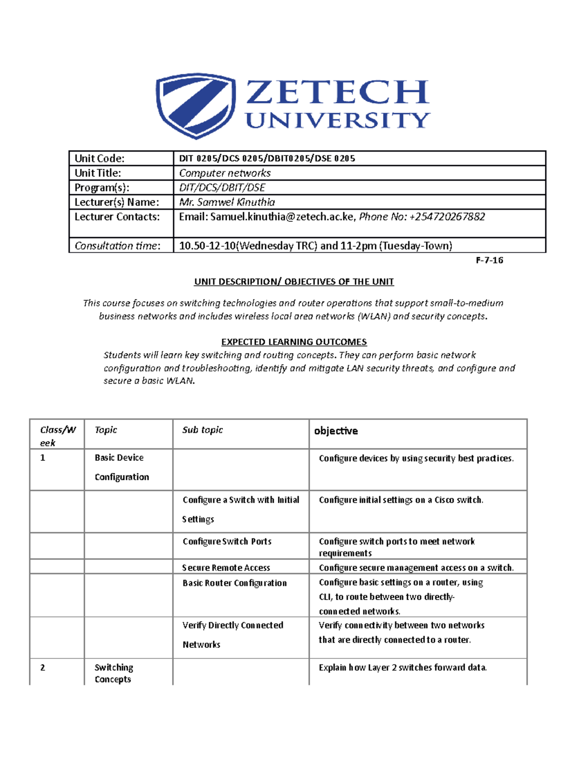 Computer Networks Outline - Unit Code: DIT 0205/DCS 0205/DBIT0205/DSE ...