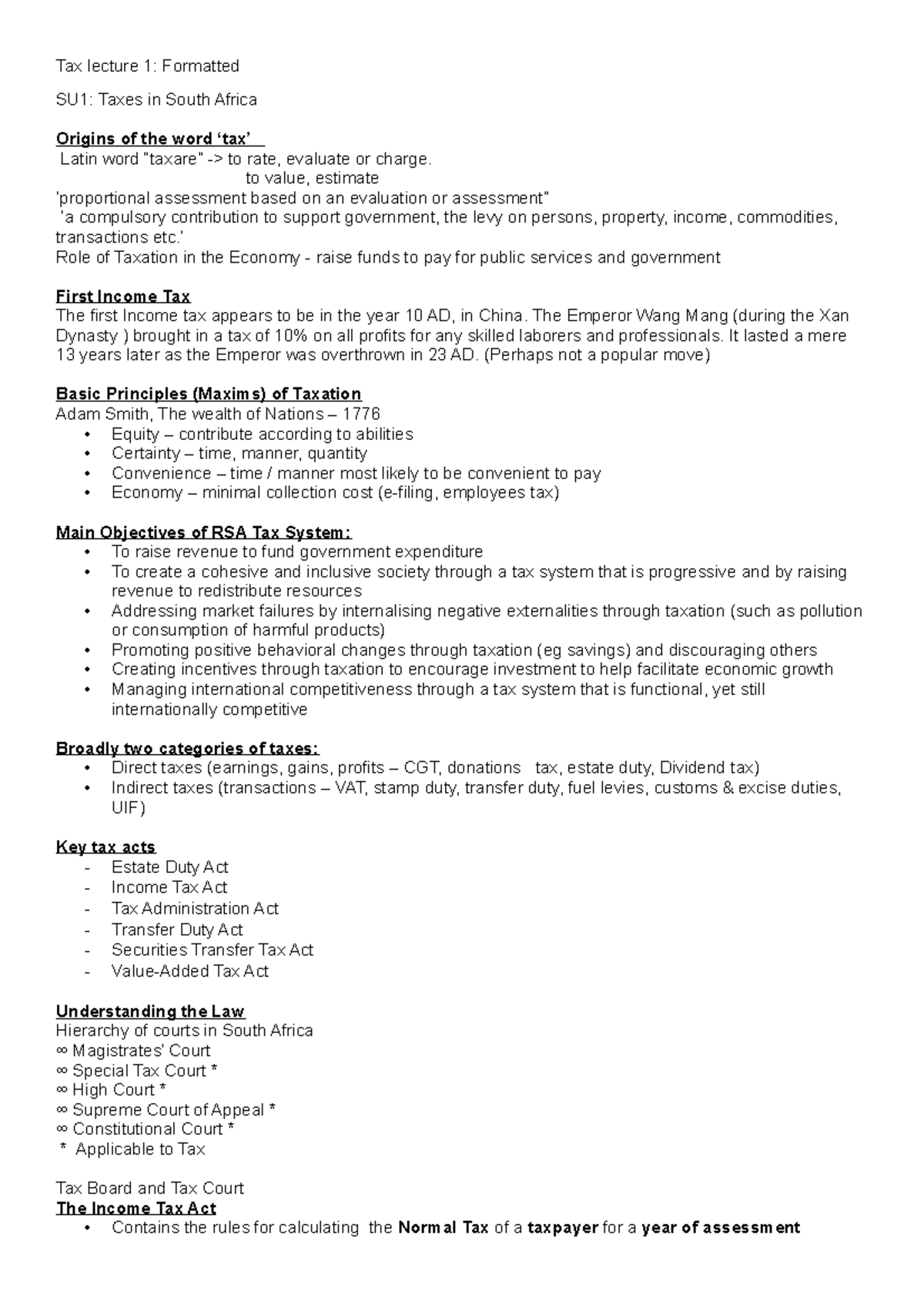 Tax Lecture 1 (Introduction) - Complete - Tax lecture 1: Formatted SU1 ...