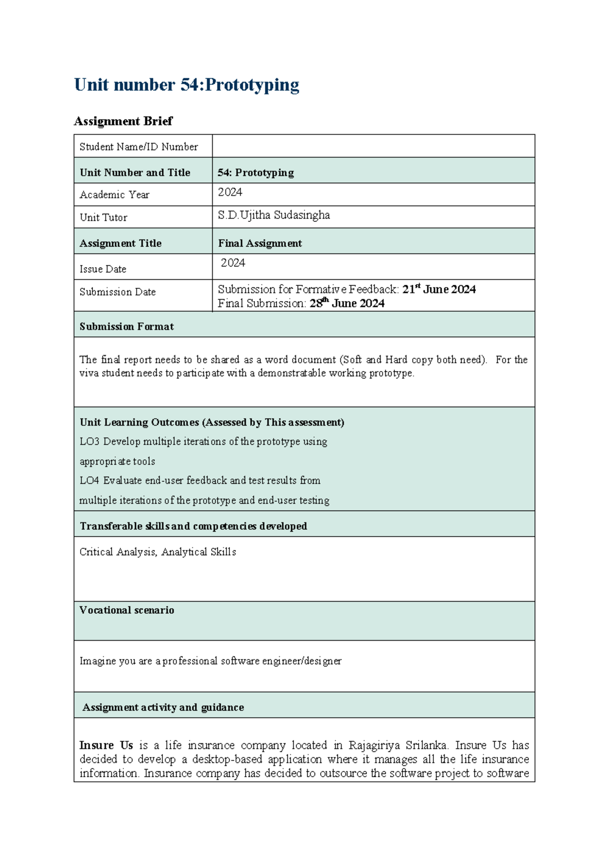 Assignment - Prototyping - Unit number 54:Prototyping Assignment Brief Student Name/ID Number ...
