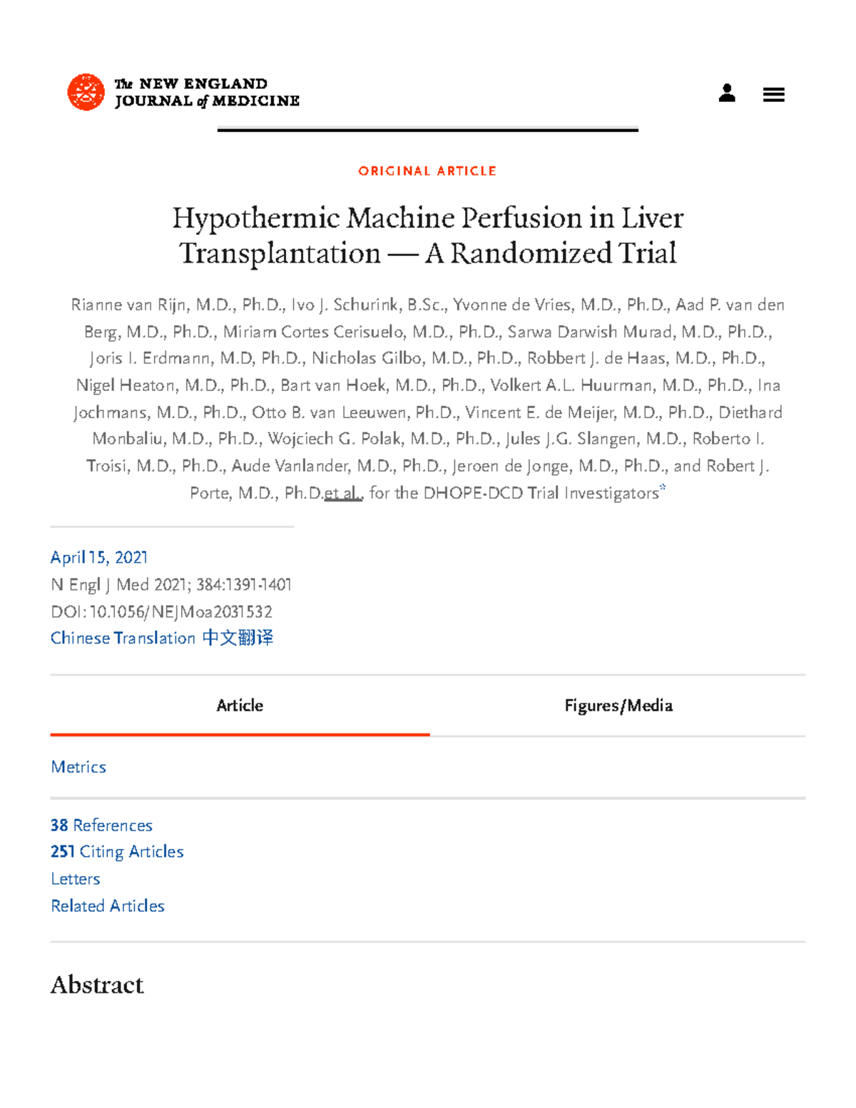 Hypothermic Machine Perfusion in Liver Transplantation — A Randomized ...
