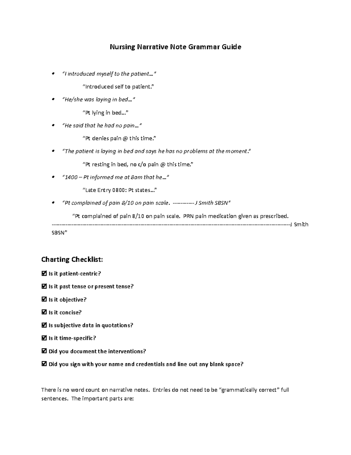 Narrative Handout - Nursing Narrative Note Grammar Guide “I introduced ...
