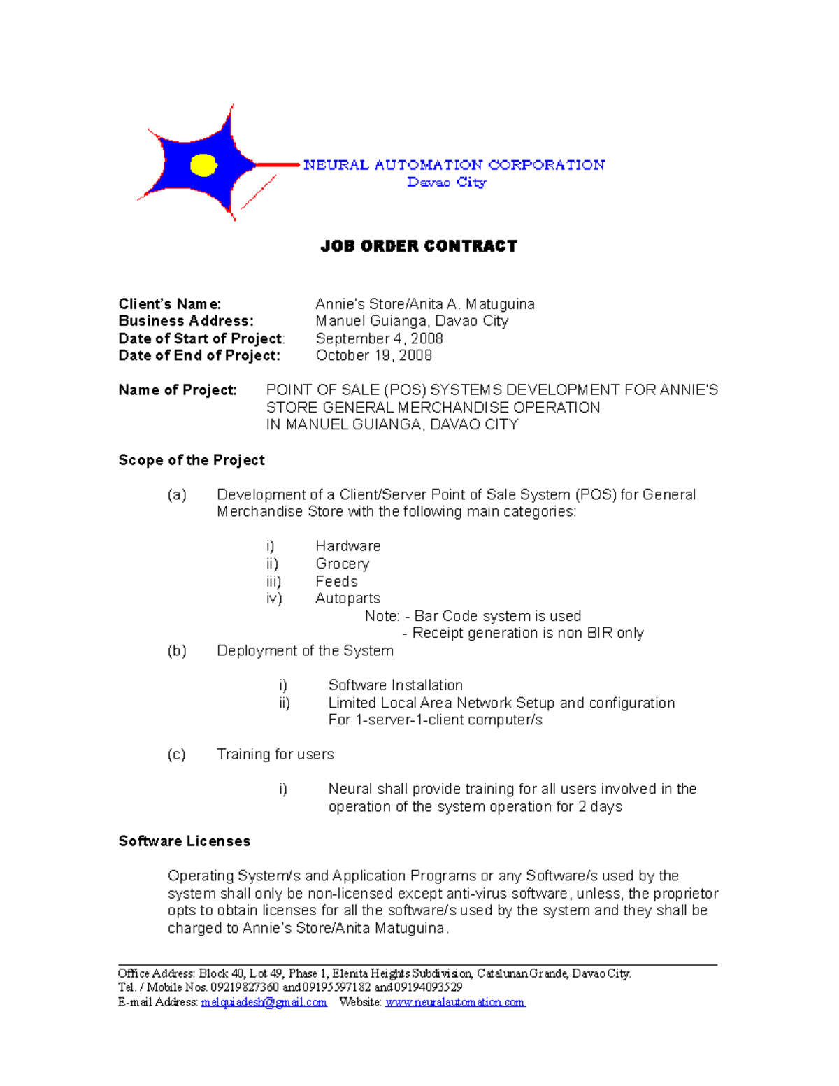Annie's System Job Order contract - JOB ORDER CONTRACT Client’s Name ...