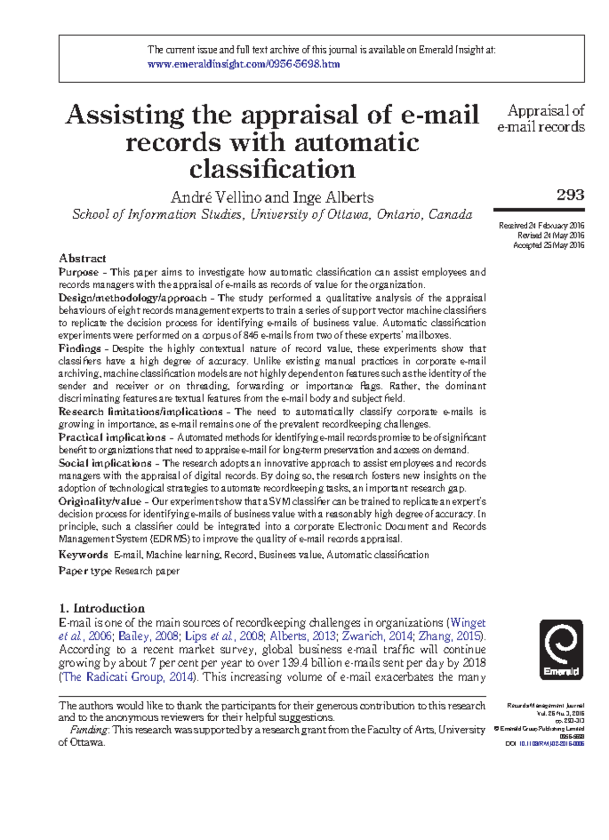 Assisting the appraisal of e-mail records with automatic classification ...