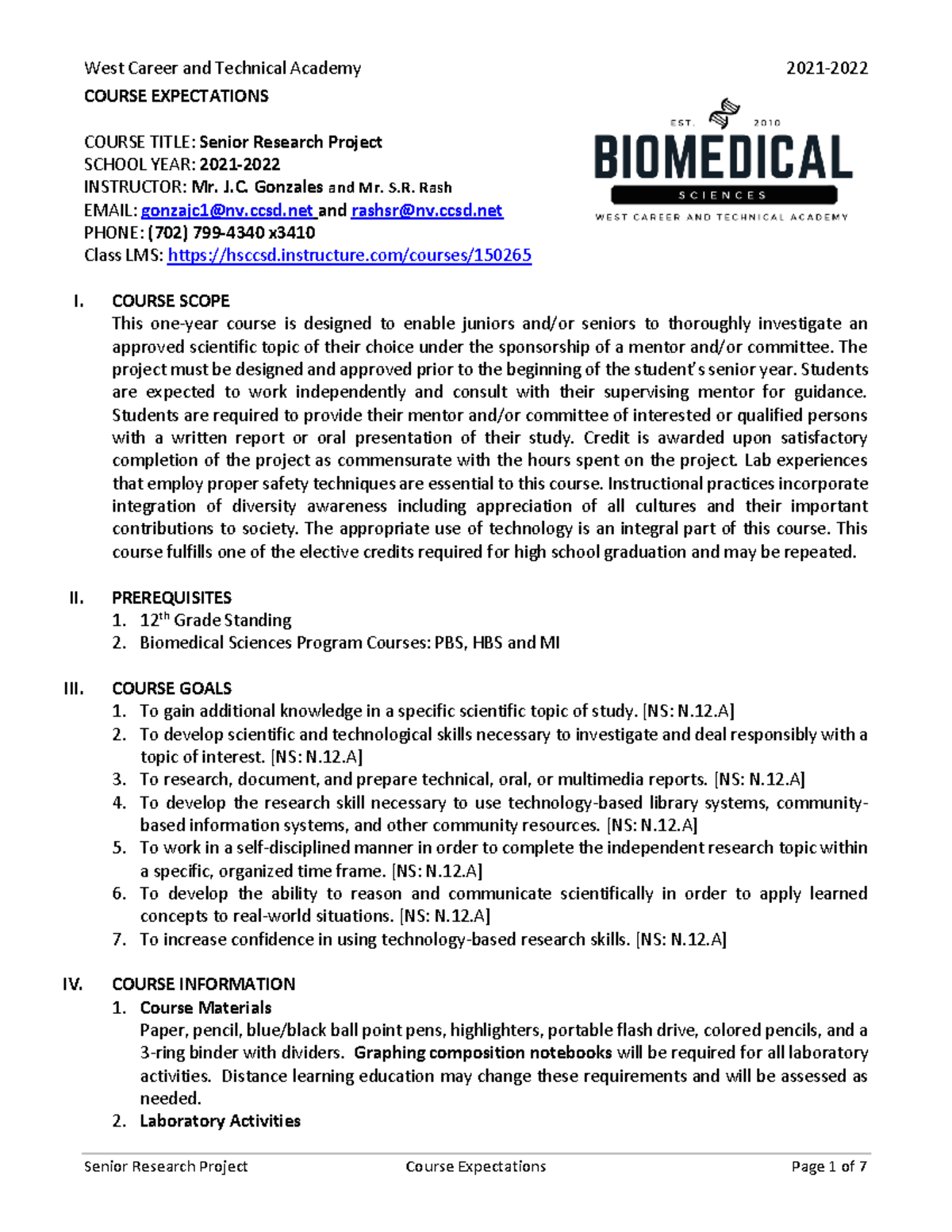 Gonzales - Sr Res Project Course Expectations (2021-2022) - COURSE EXPECTATIONS COURSE TITLE ...