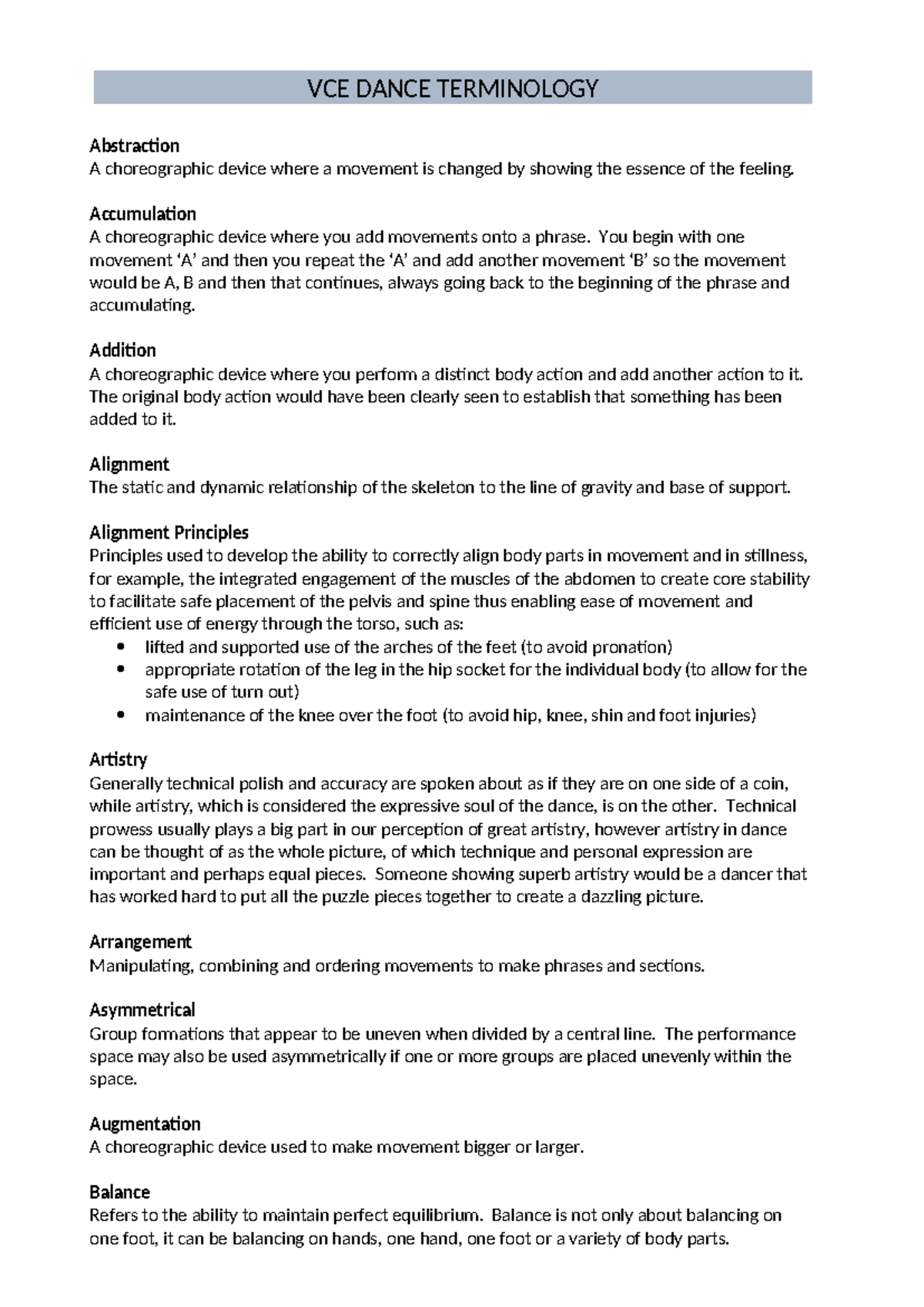 VCE Dance Terminology - Abstraction A choreographic device where a ...