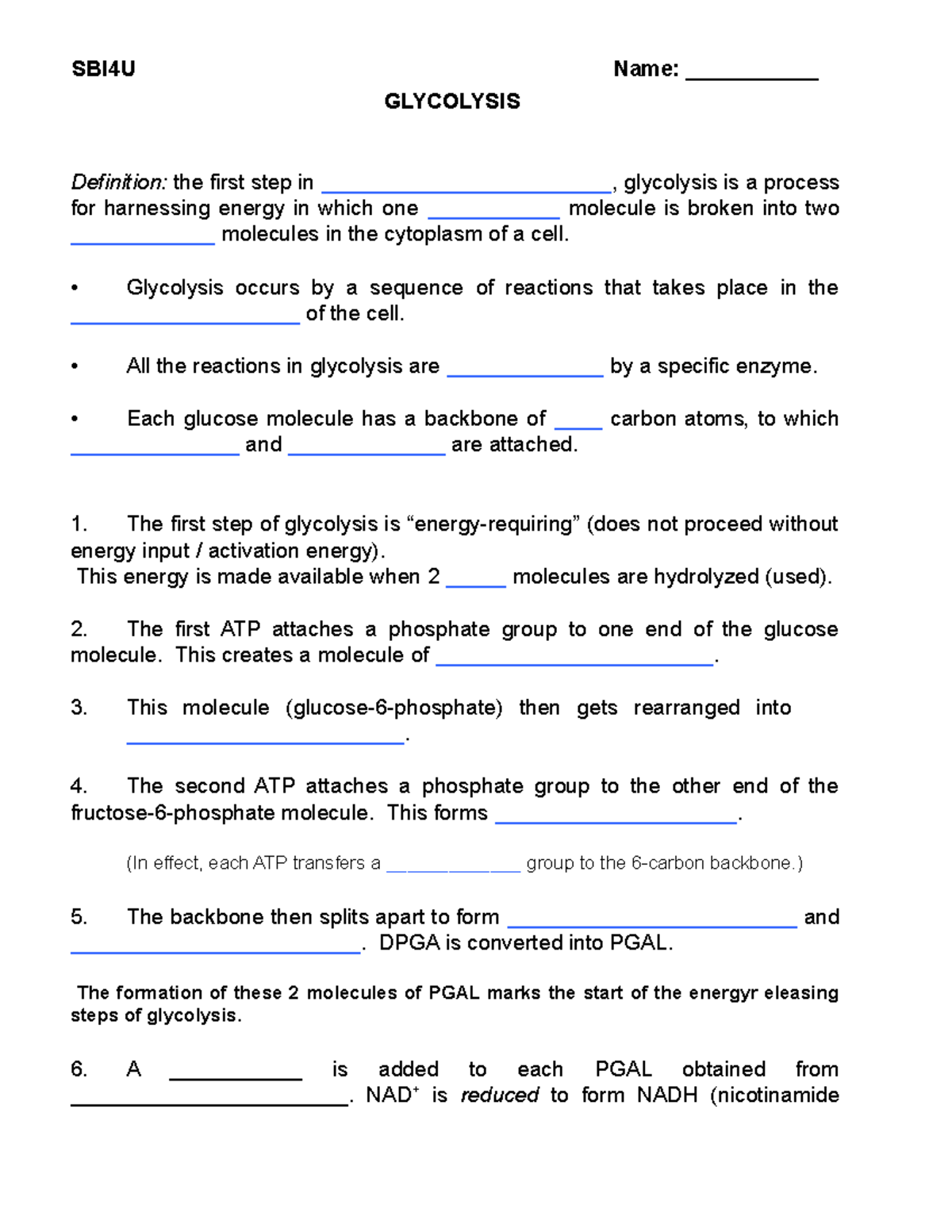 5 Glycolysis fill in the blank worksheet - SBI4U Name ...