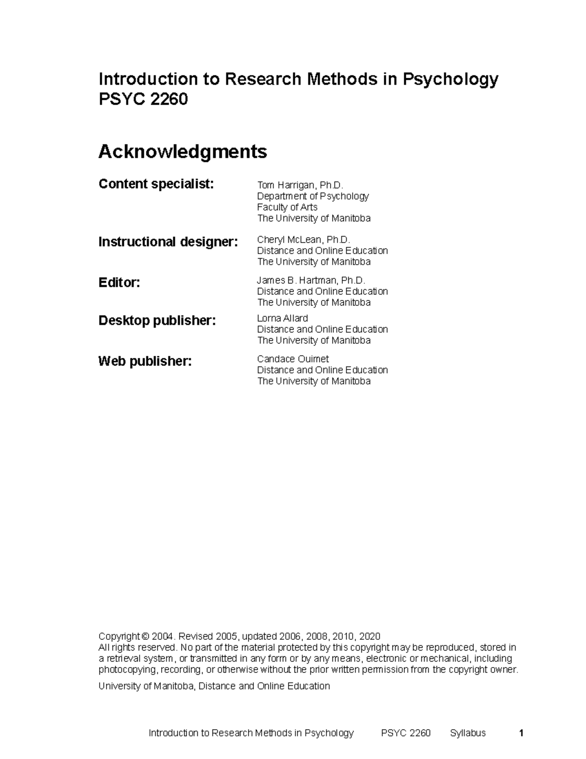 PSYC 2260 D01 syllabus Sept 2021 - Introduction to Research Methods in Psychology PSYC 2260 ...