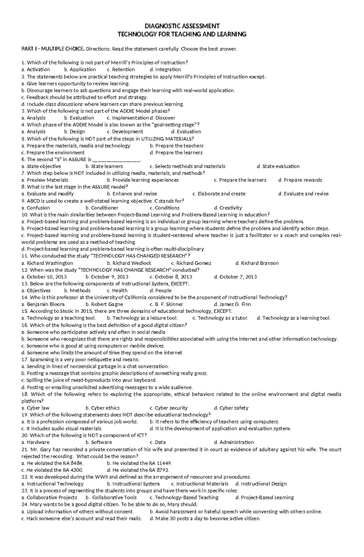 ICT - Diagnostics - THIS IS A LEARNING MATERIAL - DIAGNOSTIC ASSESSMENT ...