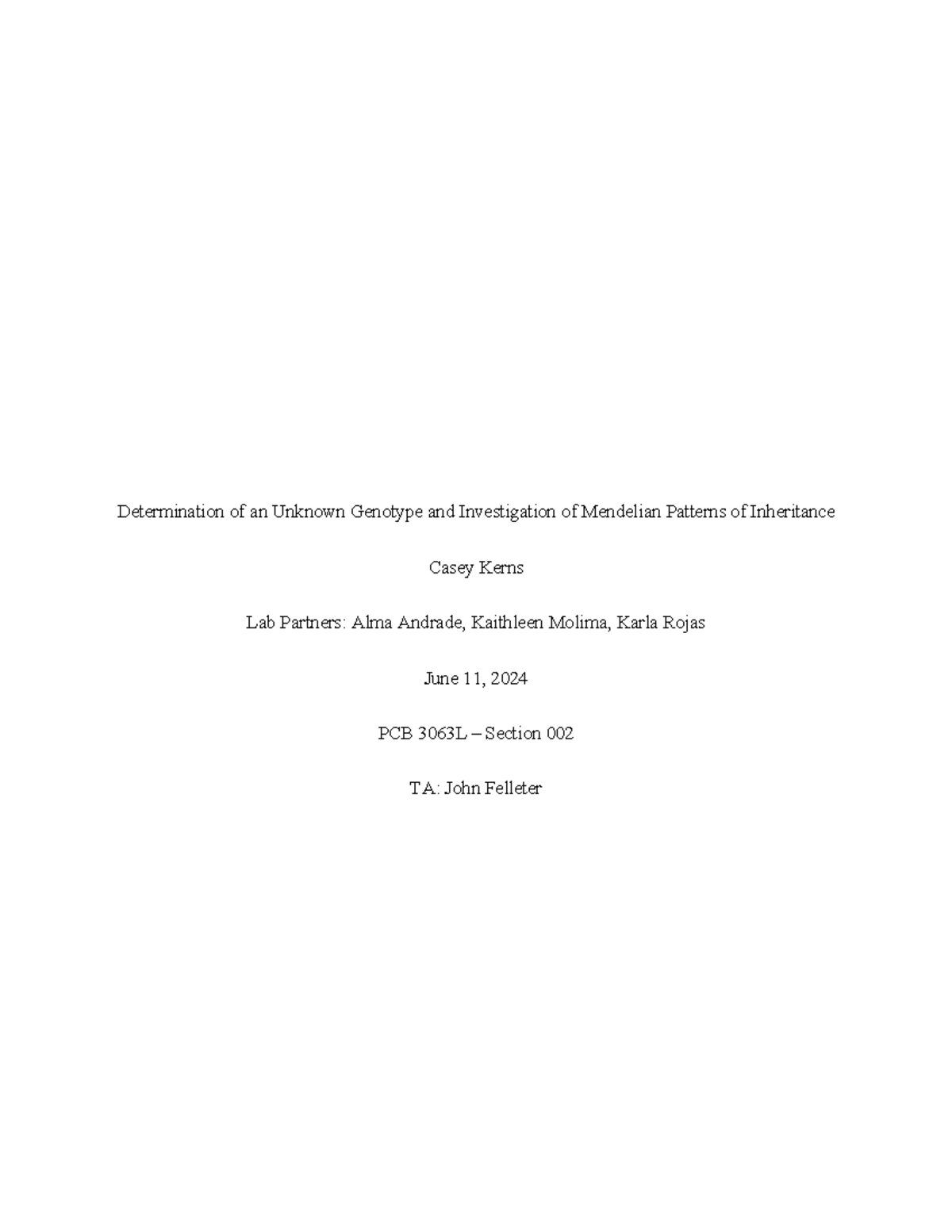 genetics lab report #1 - final draft - Determination of an Unknown ...