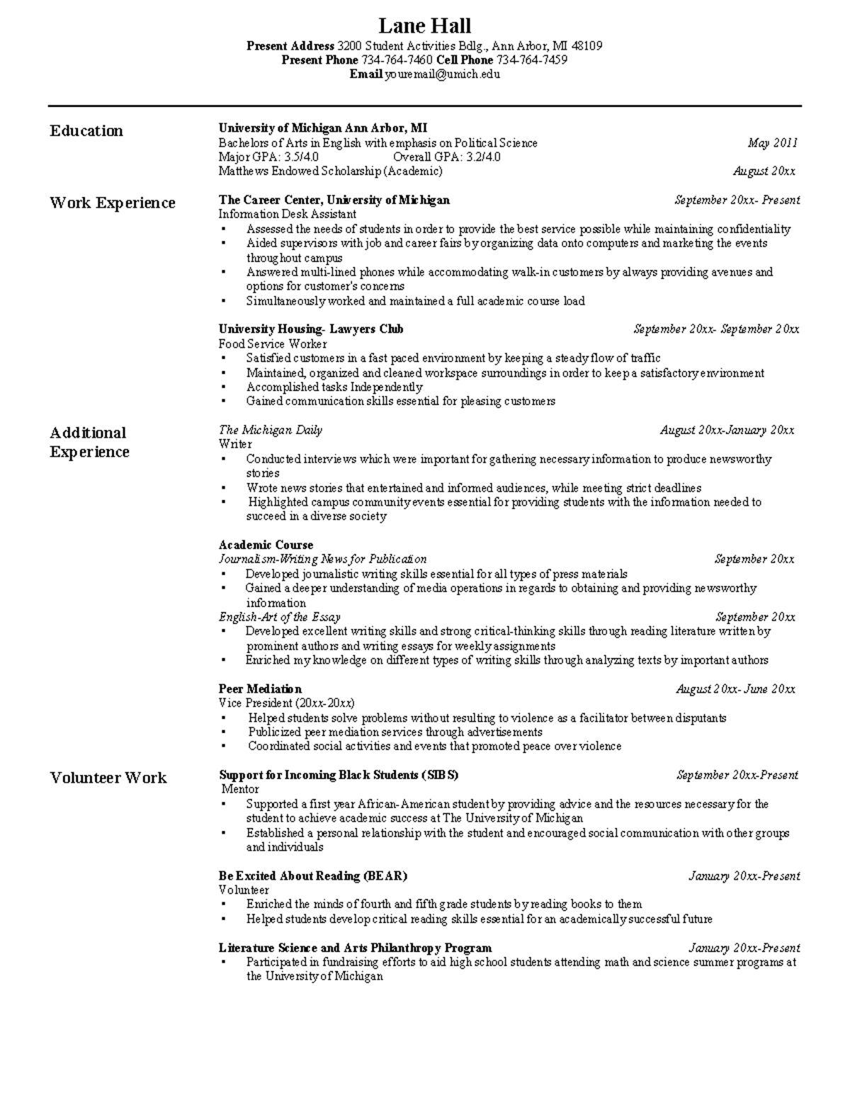 Lanehall - resume - Lane Hall Present Address 3200 Student Activities ...