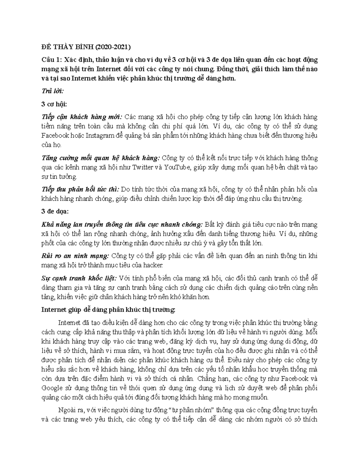 ÔN TẬP QTCL - ÔN TẬP QTCL - ĐỀ THẦY BÌNH (2020-2021) Câu 1: Xác định, thảo luận và cho ví dụ về ...