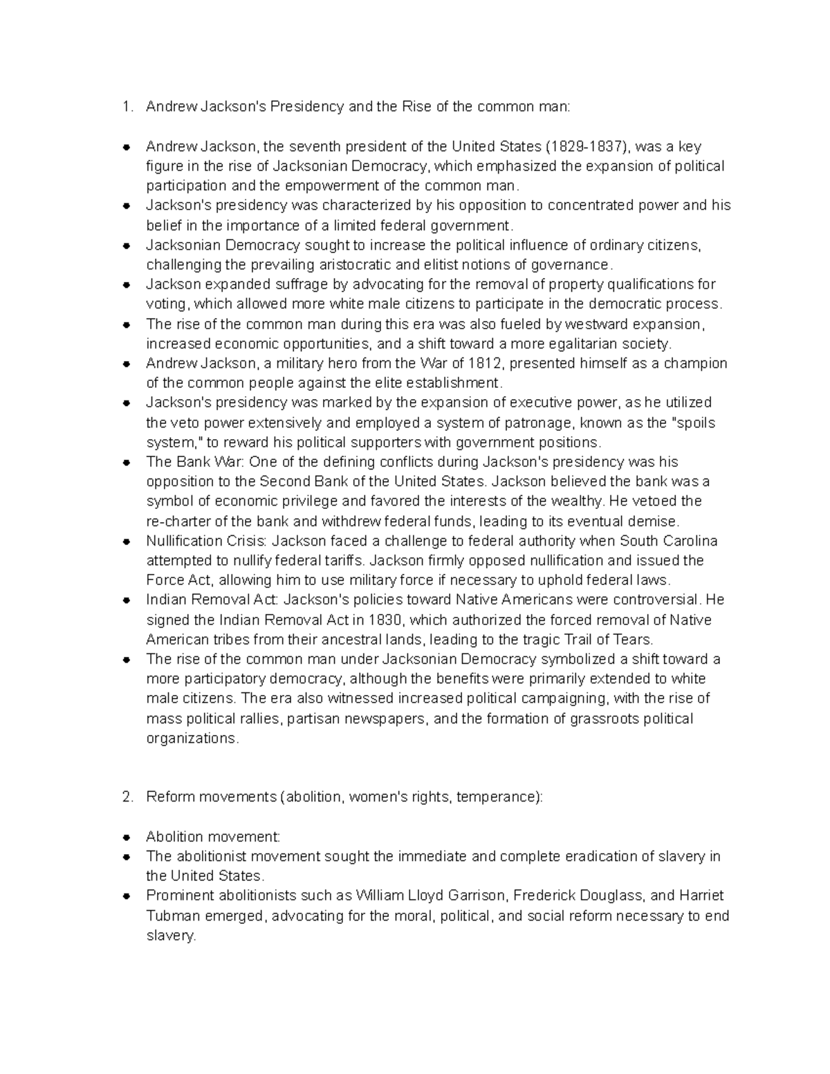 Apush Unit4 - Andrew Jackson's Presidency and the Rise of the common ...